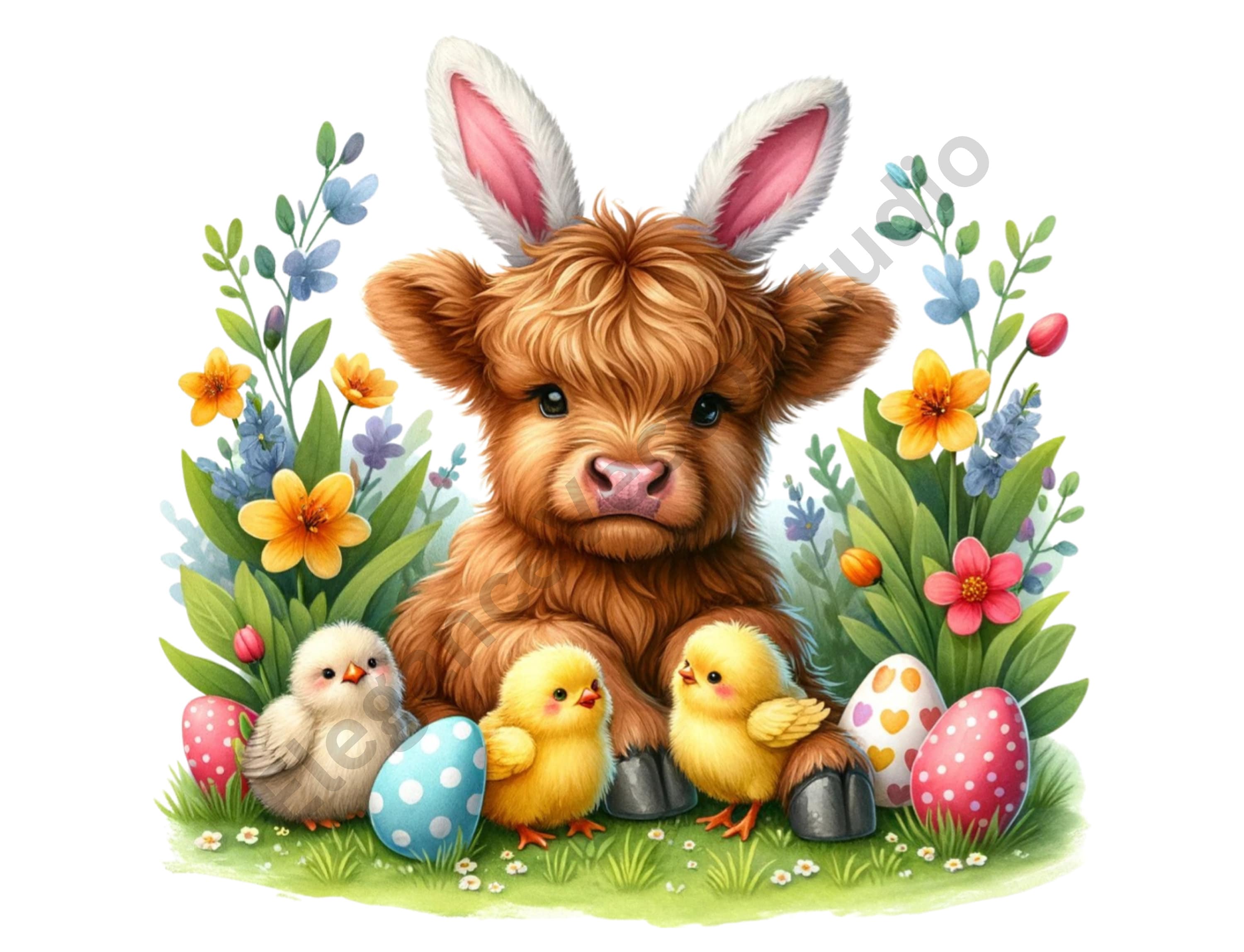 Easter Highland Cow Clipart, Easter Bunny Png, Easter Watercolor Baby ...