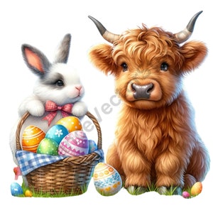 Easter Highland Cow Clipart, Easter Bunny Png, Easter Watercolor Baby ...