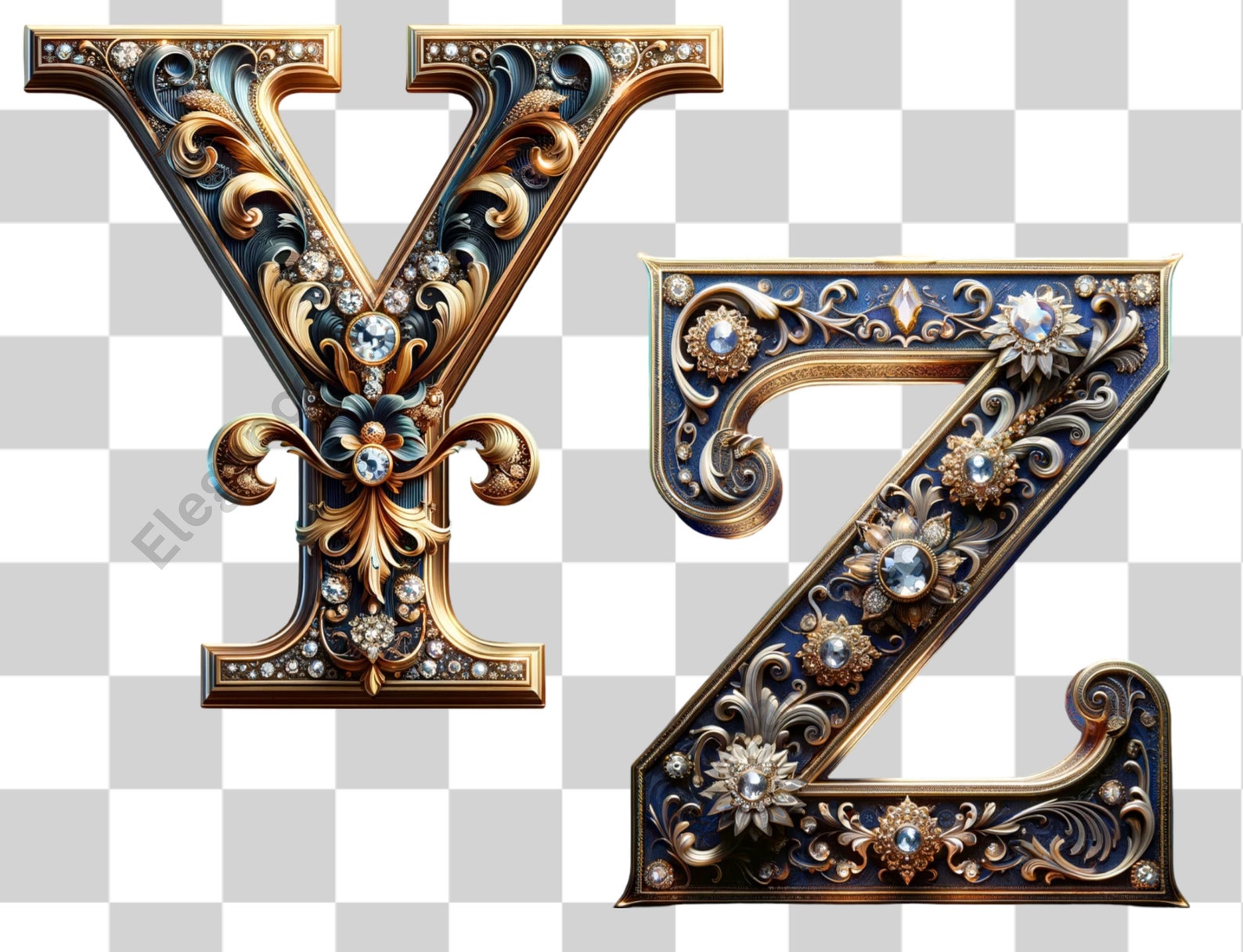 Blue-gold Luxury Alphabet Clipart: Elegant Monogram (digital Download ...