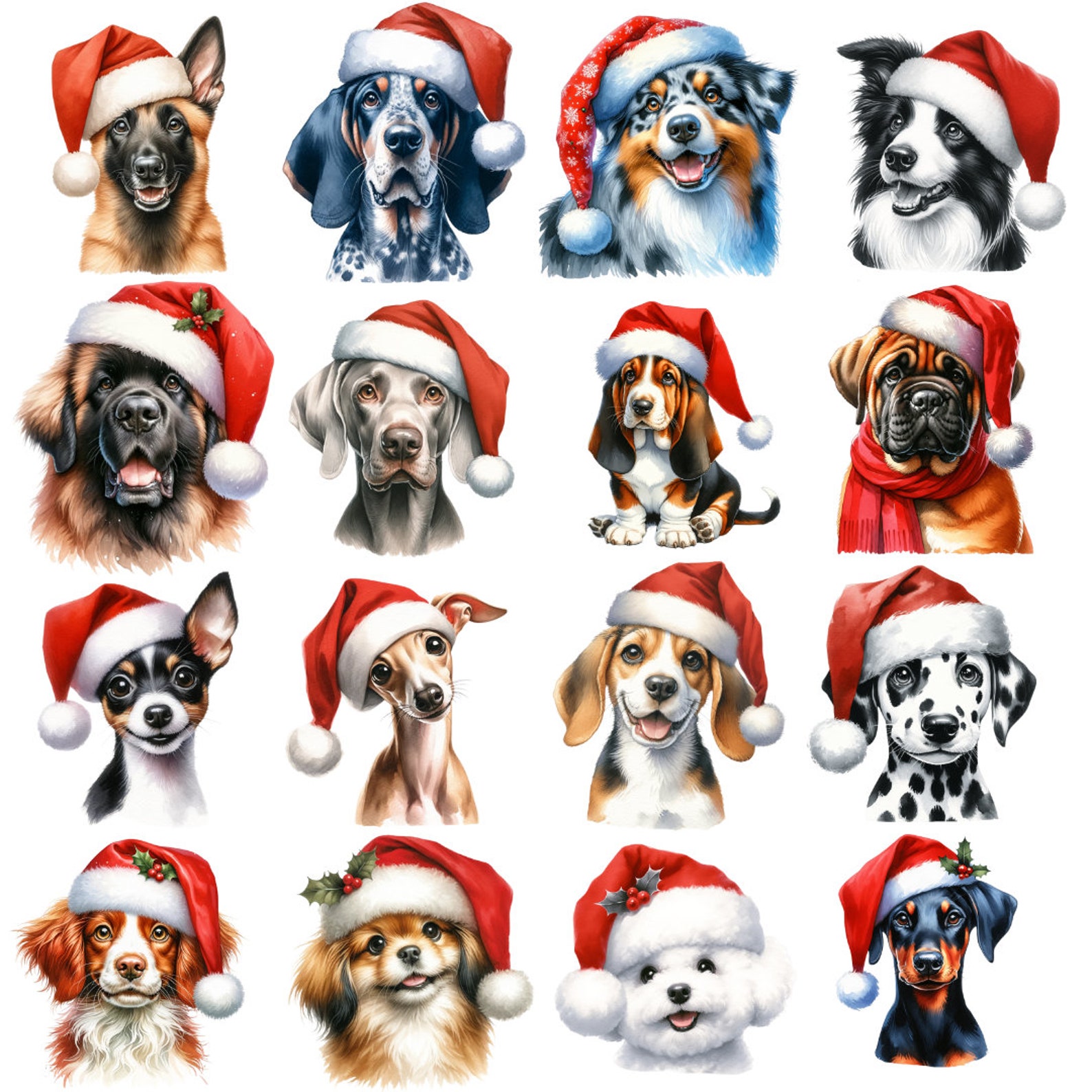 Watercolor Christmas Dogs Clipart Bundle, Santa Dogs PNG Clipart Bundle ...