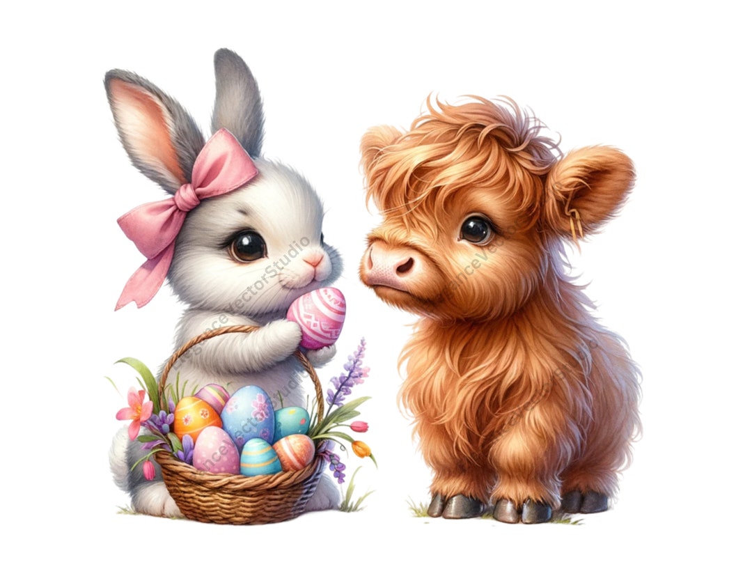 Easter Baby Highland Cow & Bunny Clipart: PNG Bundle (digital Download ...
