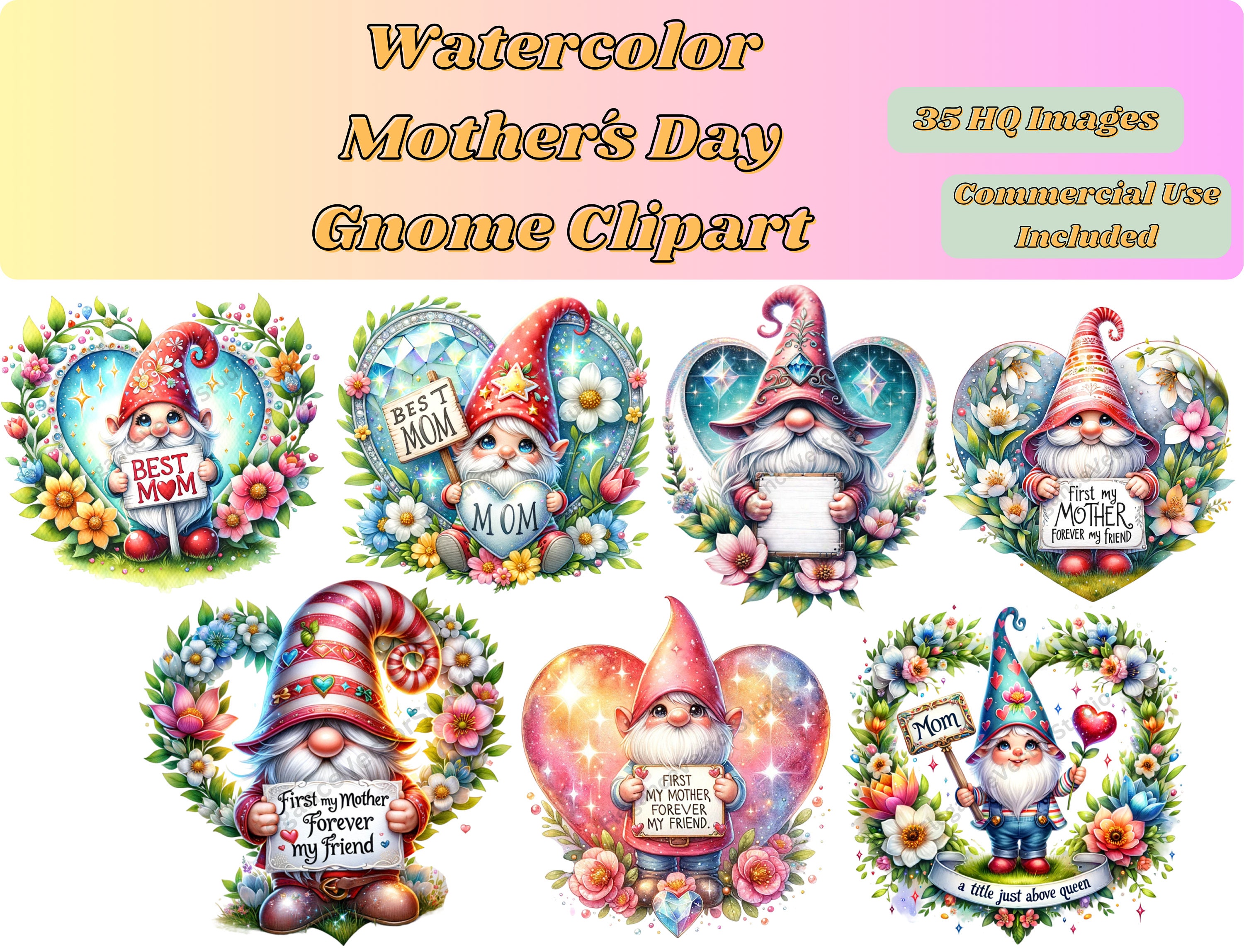 Watercolor Mothers Day Clipart Bundle, Gnome Clipart Design, Mothers ...