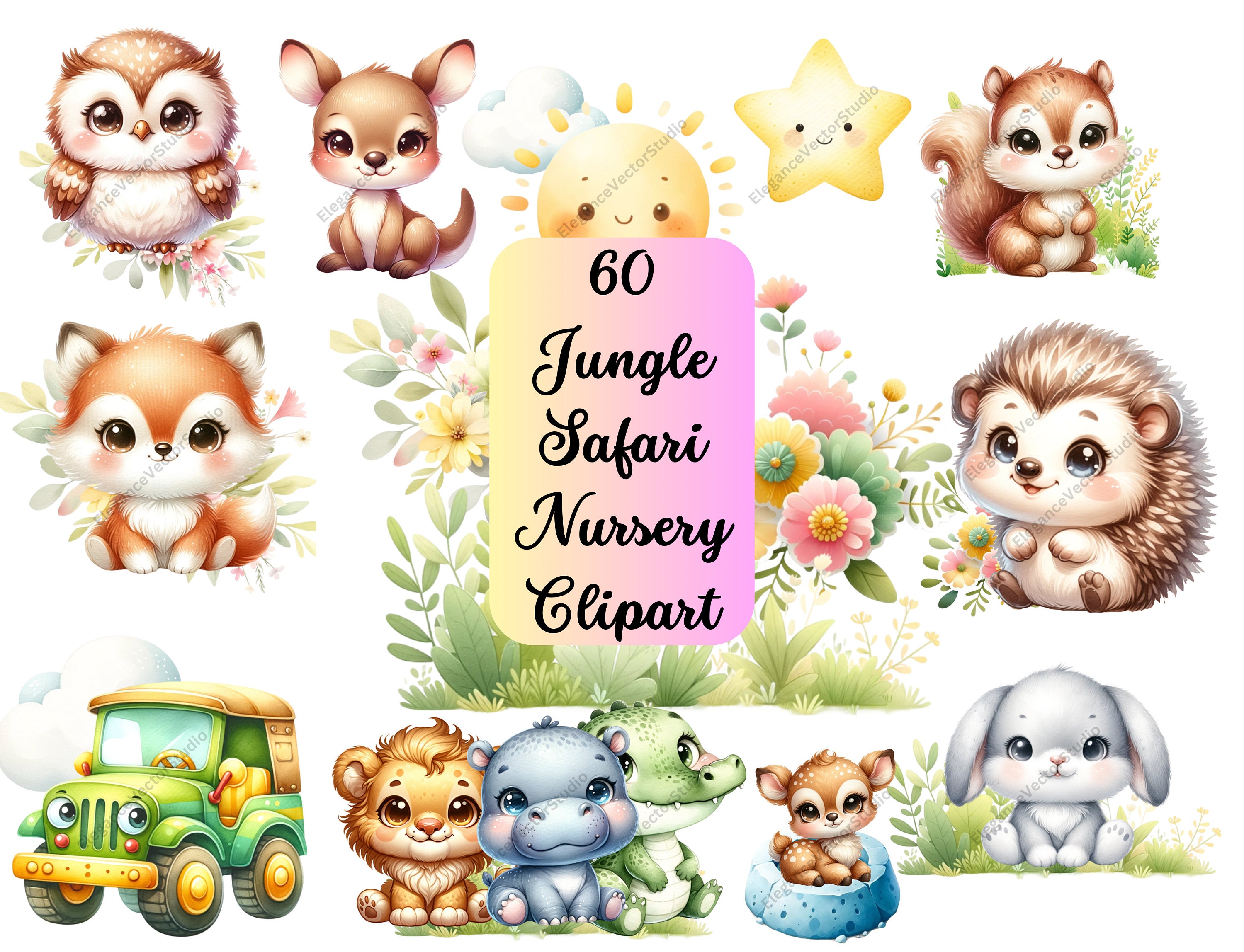 Jungle Animal Nursery Art, Baby Safari Clipart, Nursery Decor Safari ...