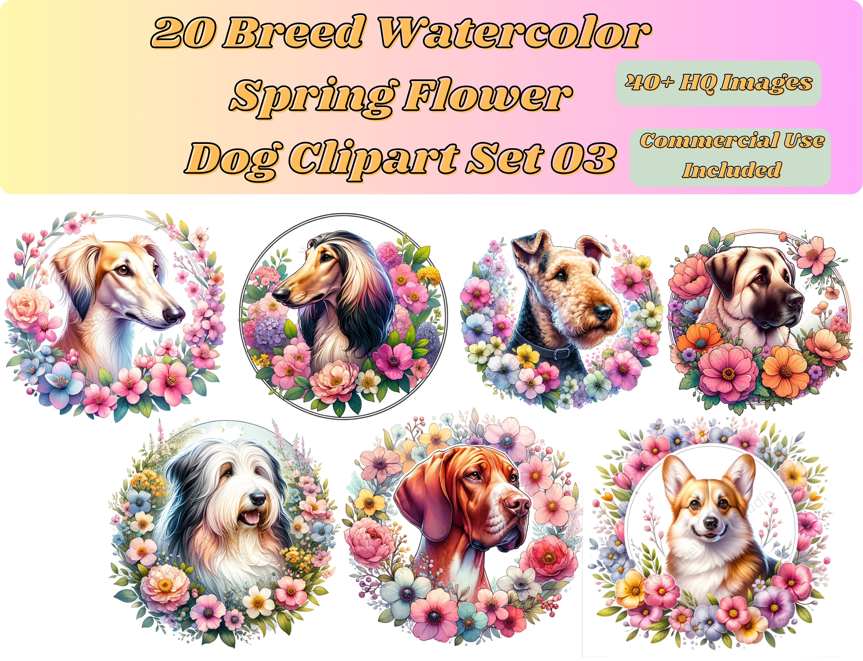 Flower Dog Clipart Bundle Dog Spring Design, Watercolor Dog Breeds Clip ...