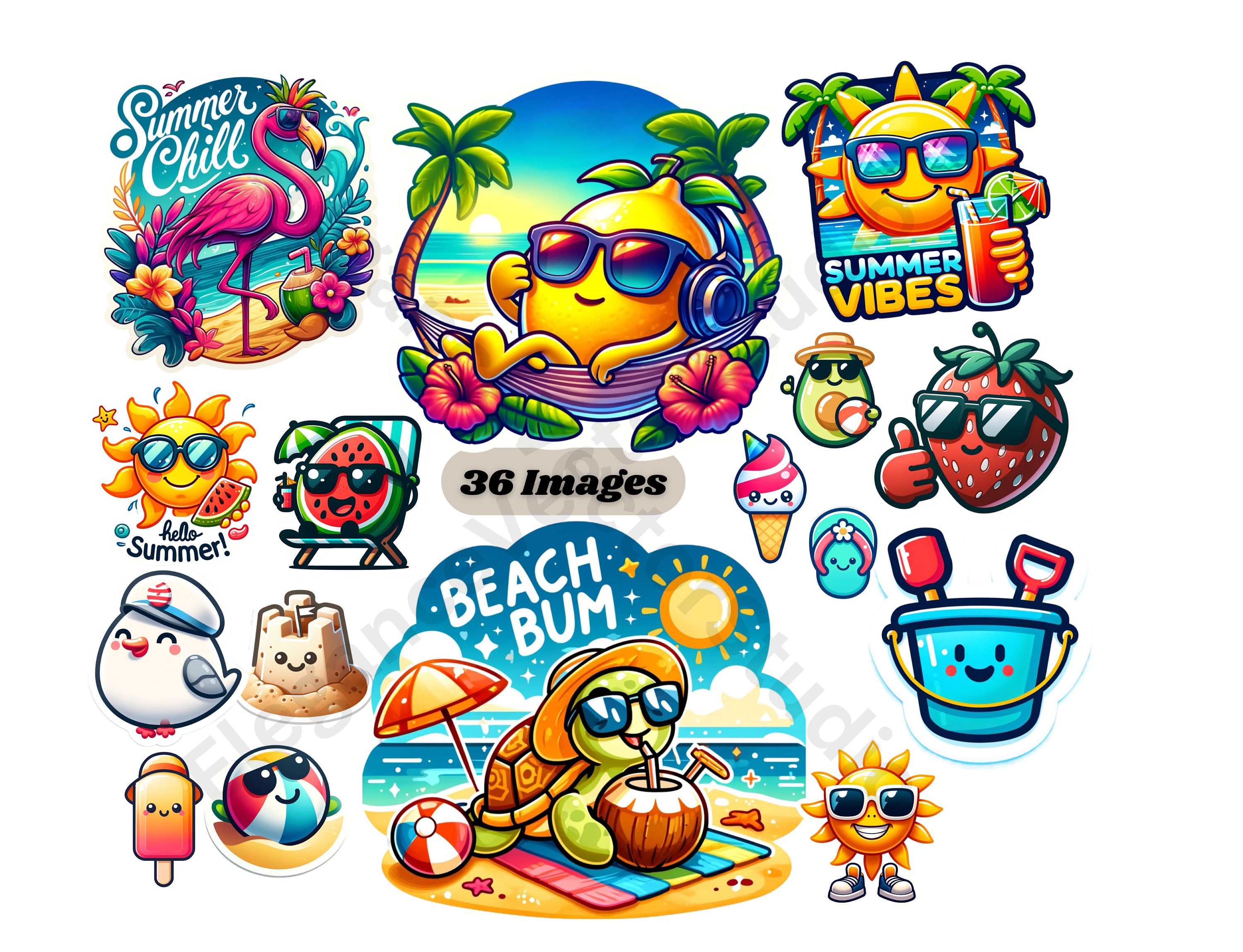 Summer Vibes Sticker Clipart Bundle: 36 PNG Illustrations (digital ...