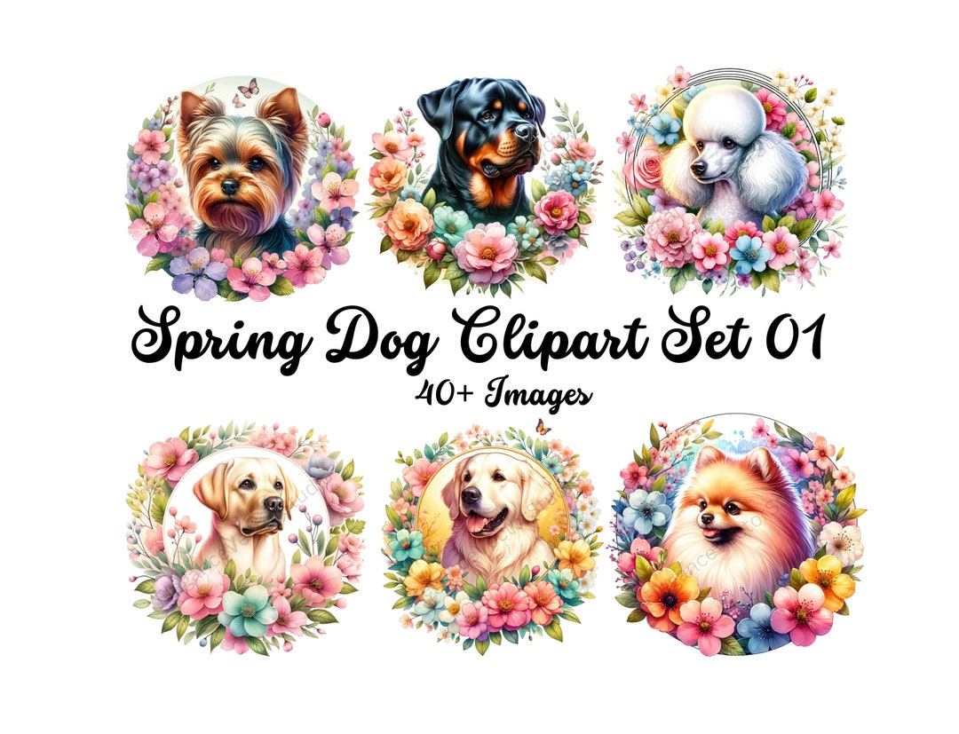 Watercolor Dogs With Flowers Clipart Bundle Set 01 | High Quality 300 ...
