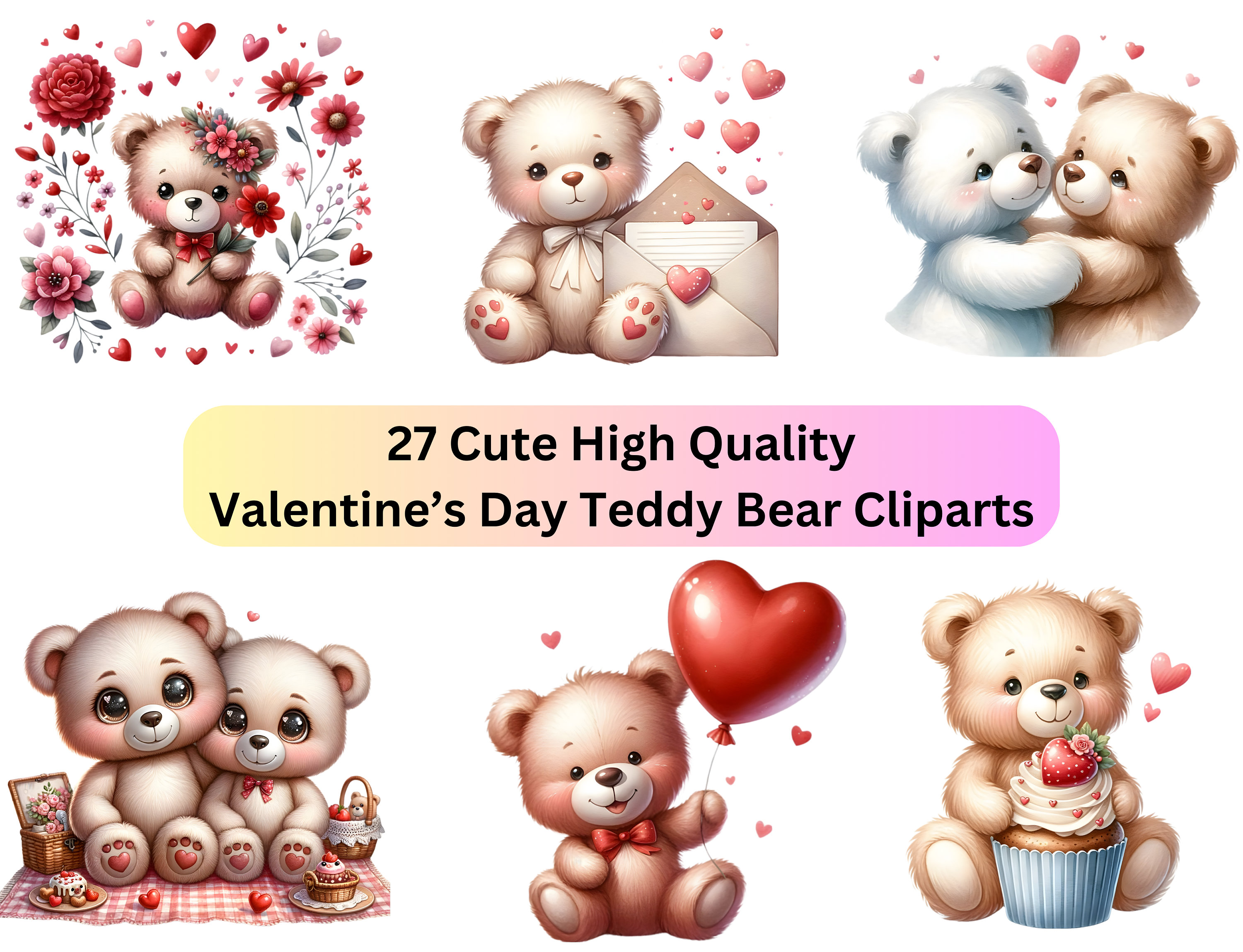 Valentines Day PNG, Watercolor Valentines Day Teddy Bear Clipart, 27 ...