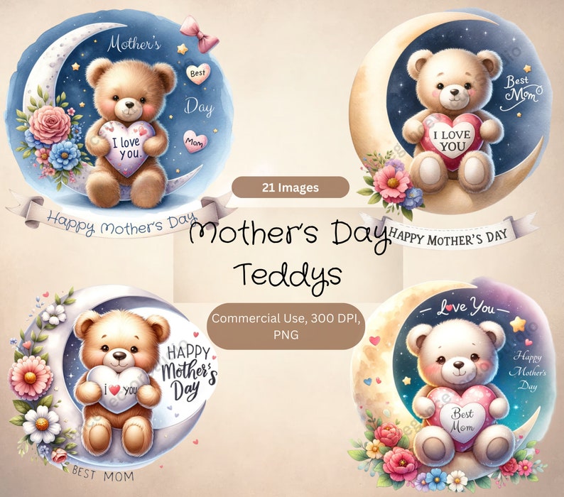 Mothers Day Clipart Bundle, Floral Mother's Day PNG, Cute Teddy Bear ...