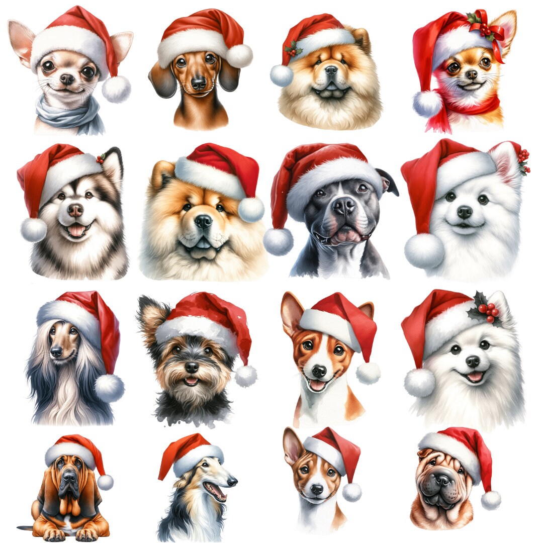Watercolor Christmas Dogs Clipart Bundle, Santa Dogs PNG Clipart Bundle ...