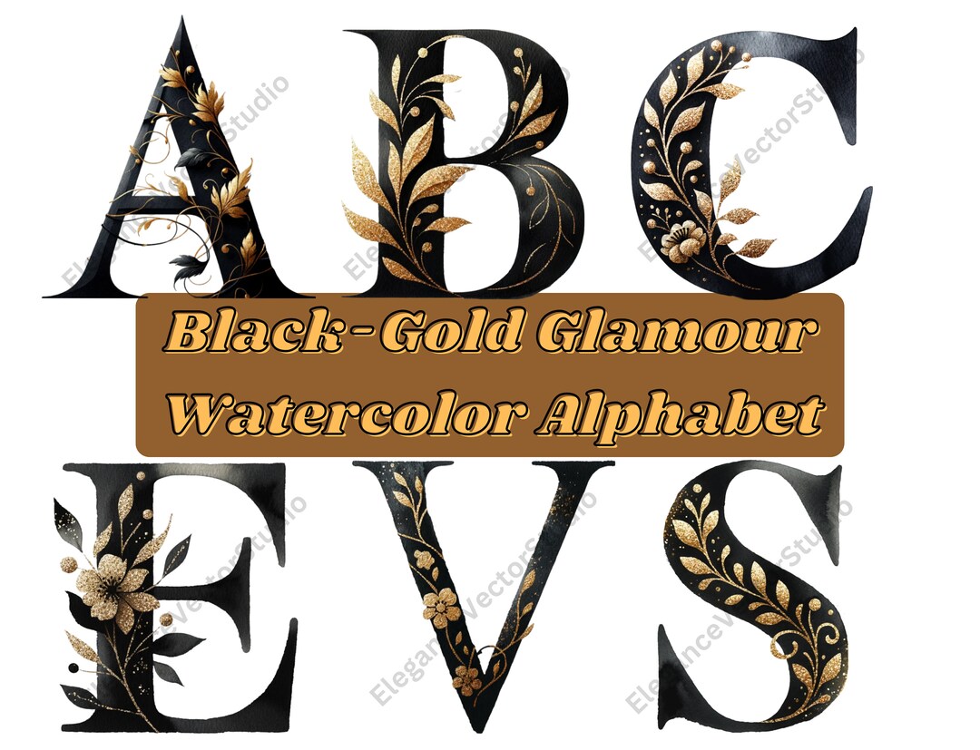 Black and Gold Floral Alphabet Clipart PNG, Glitter Alphabet ...