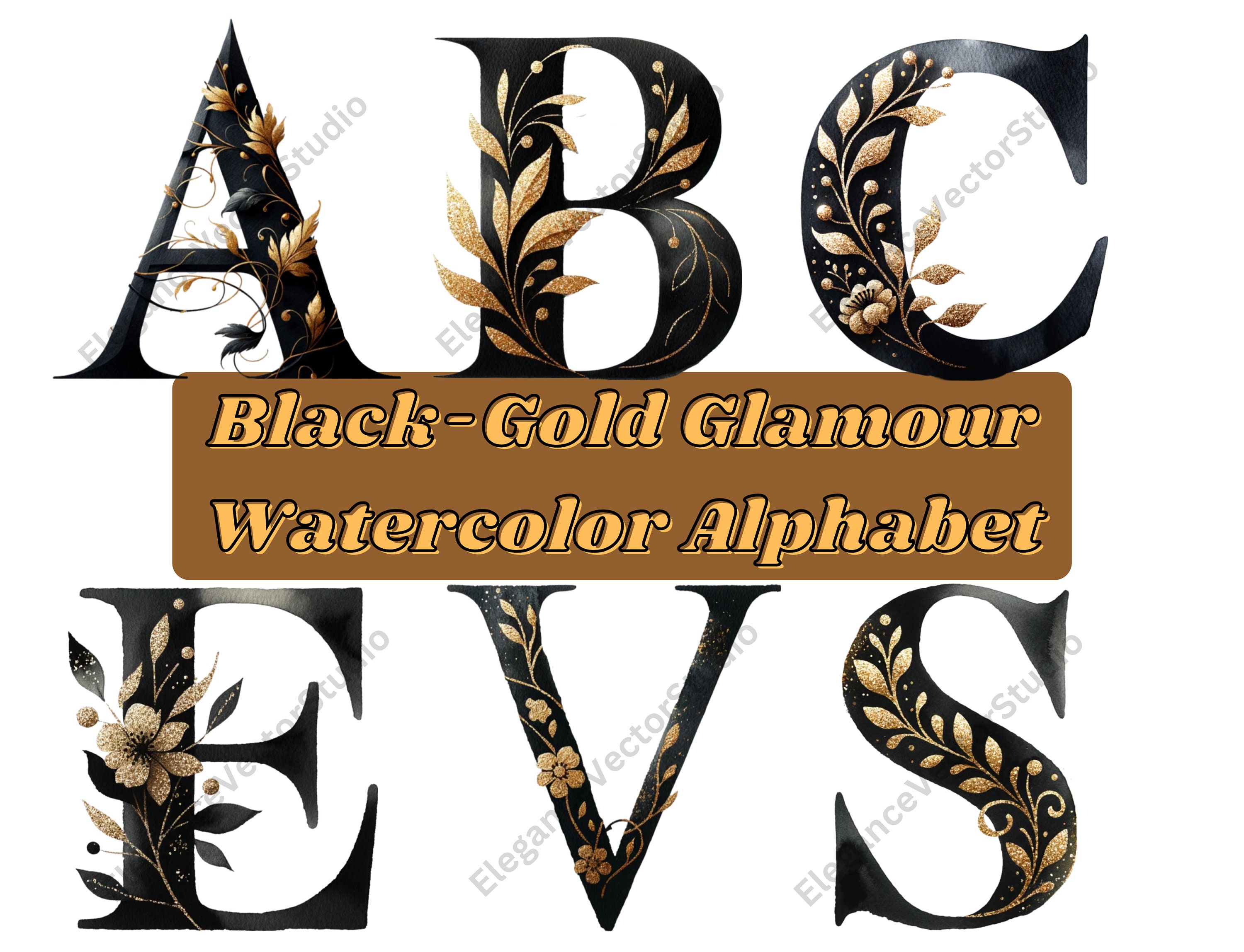 Black and Gold Floral Alphabet Clipart PNG, Glitter Alphabet ...