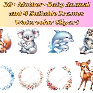 Watercolor Mama and Baby Animal Clipart: Mother's Day PNG (digital ...