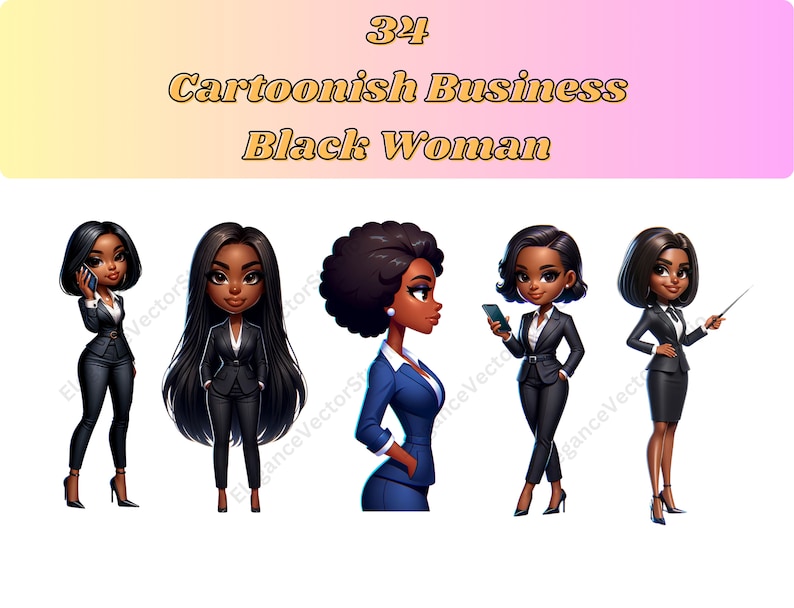 Cartoon Black Girl Business Woman Bundle - Black Women PNG Clipart Set ...