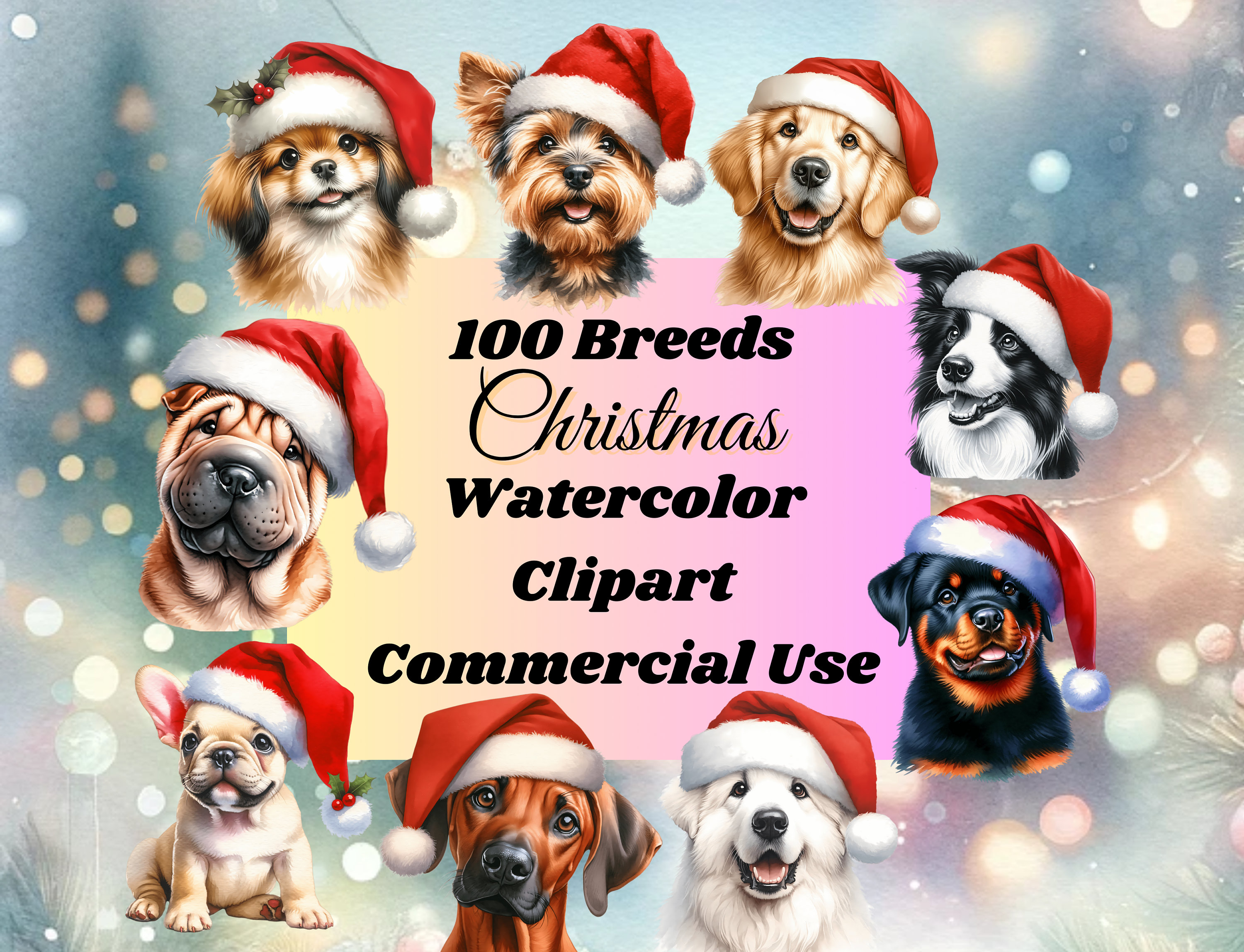 Watercolor Christmas Dogs Clipart Bundle, Santa Dogs PNG Clipart Bundle ...