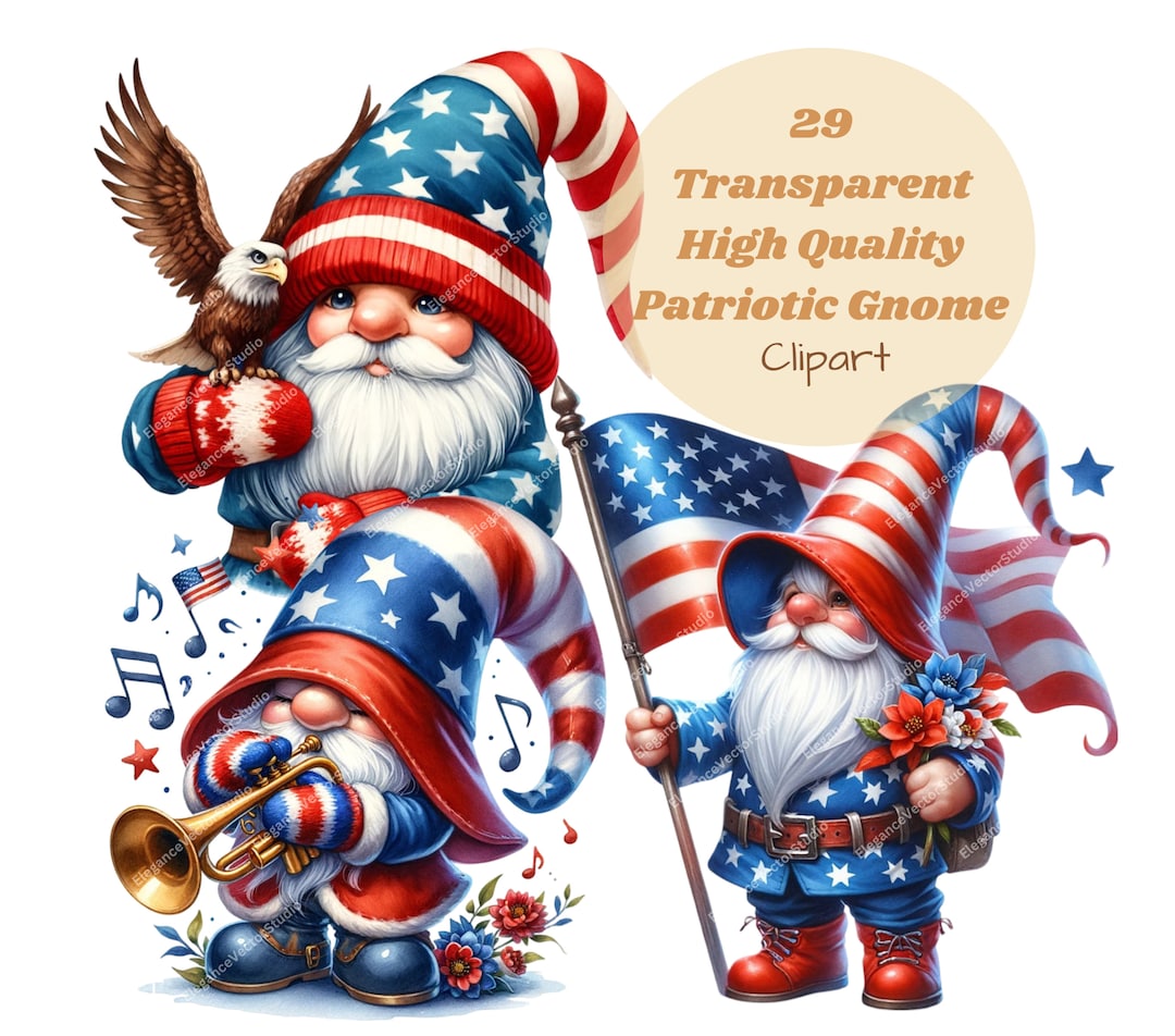 Patriotic Gnome Clipart Bundle: 4th of July PNG Graphics (digital ...