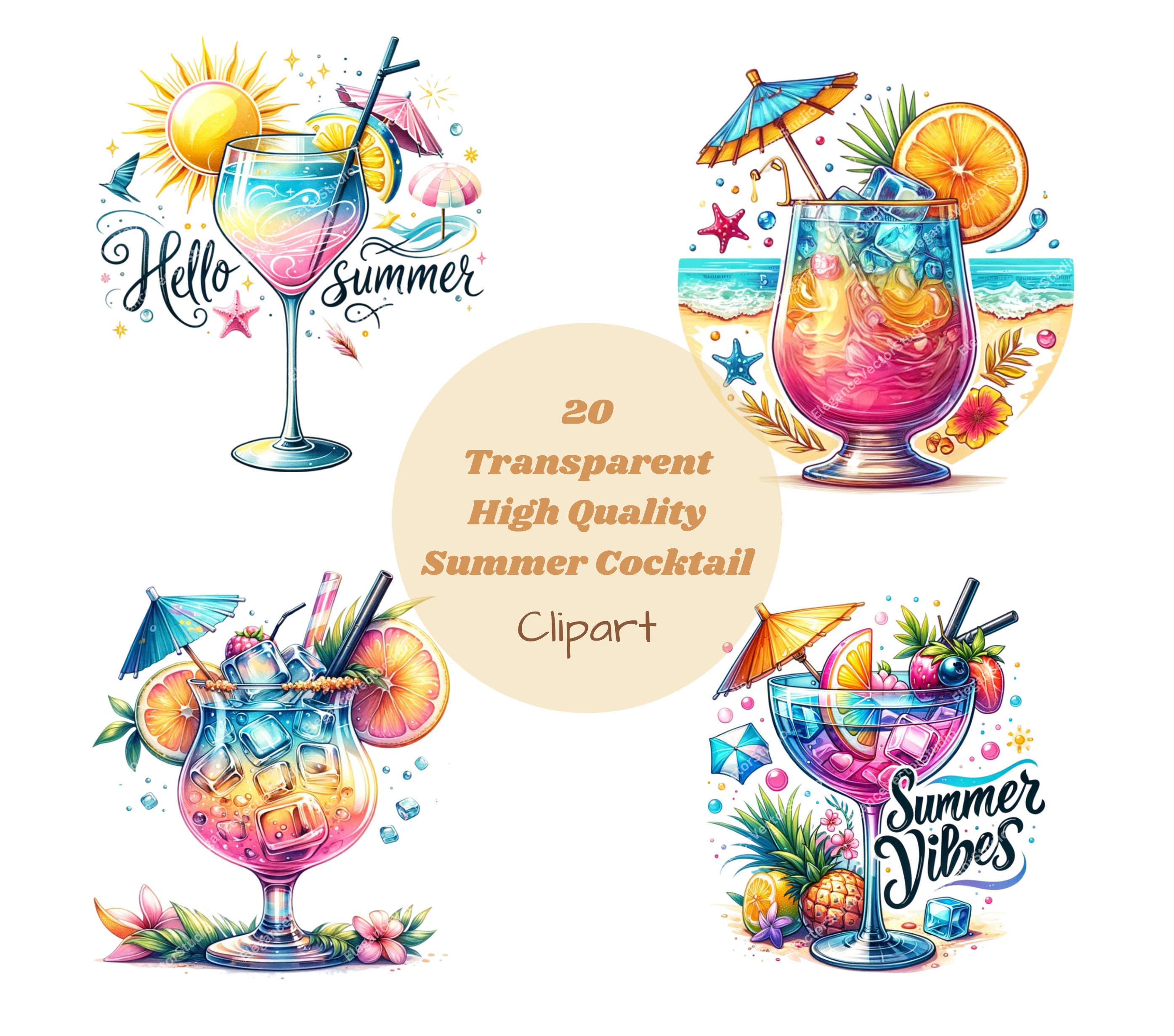 Summer Cocktails Clipart Bundle: 20 Transparent PNG Graphics ...