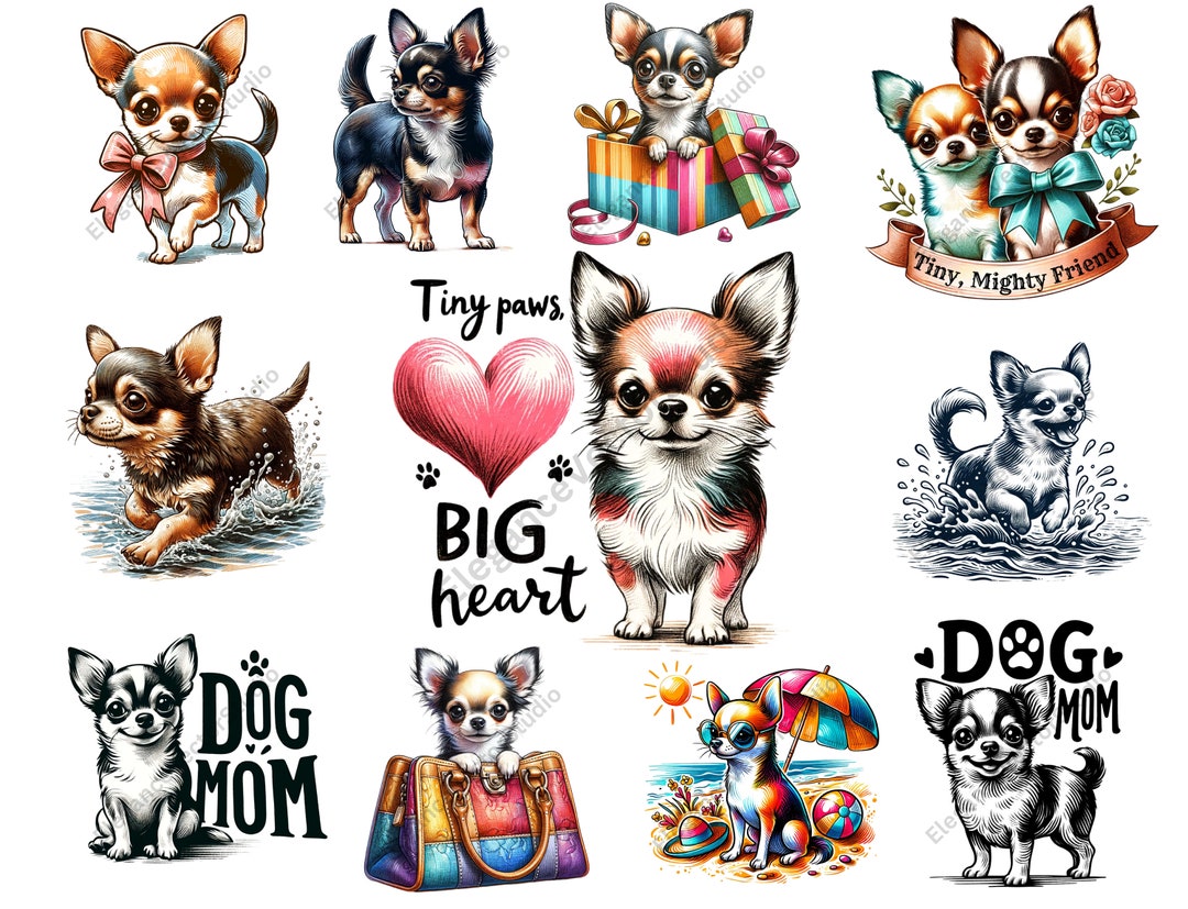 Chihuahua Clipart Bundle - 45 PNG Images, Hand Drawn Chihuahua Clipart ...
