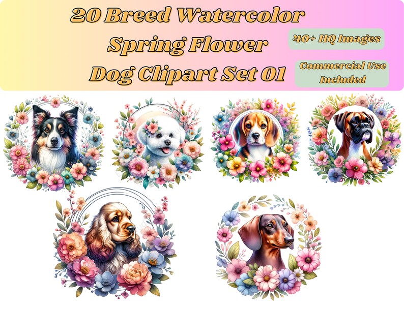 Watercolor Dogs With Flowers Clipart Bundle Set 01 High Quality 300 DPI ...