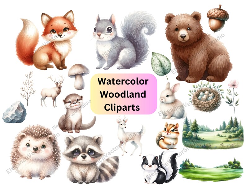 Woodland Animals, Watercolor Forest Animals PNG, Nursery Clipart ...
