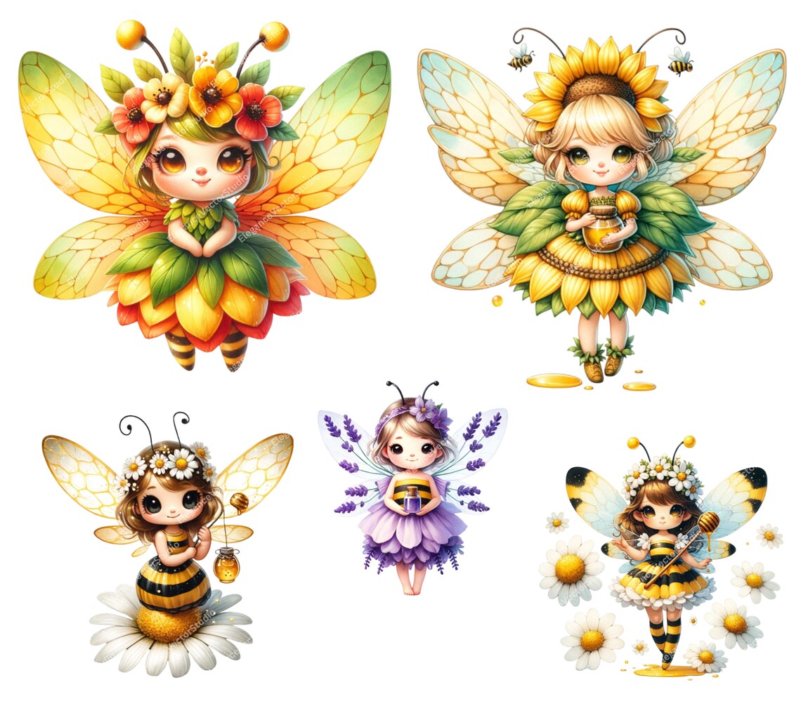 Watercolor Bee Fairy Clipart Bundle: Transparent PNG (digital Download ...