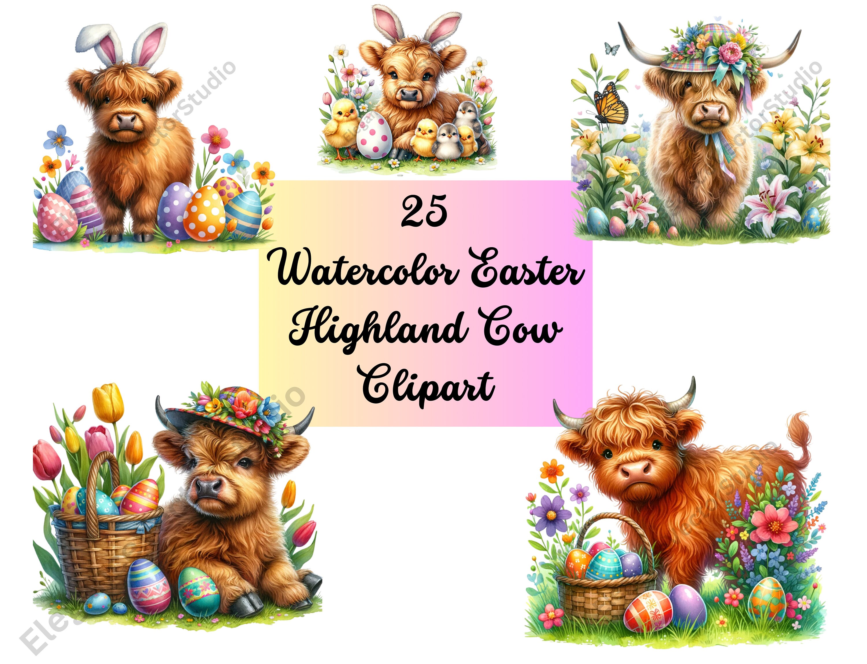 Easter Highland Cow Clipart, Easter Bunny Png, Easter Watercolor Baby ...