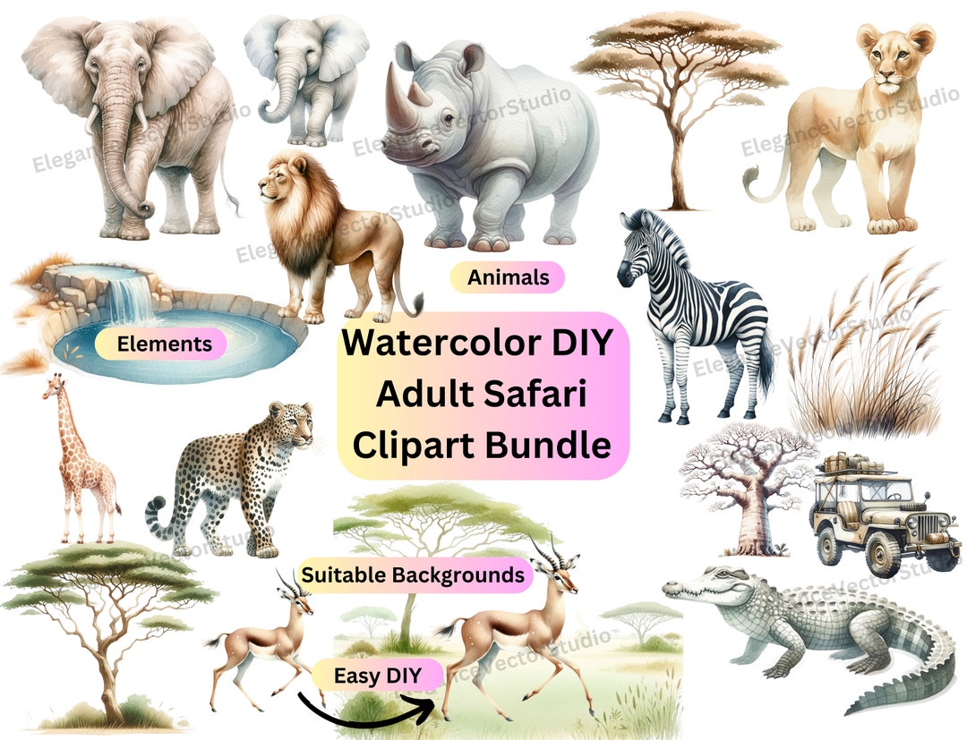 Watercolor Safari Clipart Bundle, Safari Adult DIY Elements, Set of 45 ...