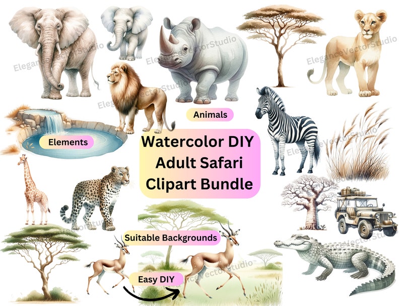 Watercolor Safari Clipart Bundle, Safari Adult DIY Elements, Set of 45 ...