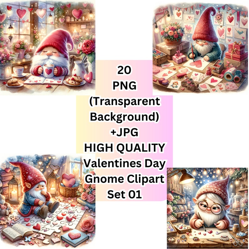 Watercolor Valentines Gnome Clipart, 20 PNG Festive Gnomes Clipart ...