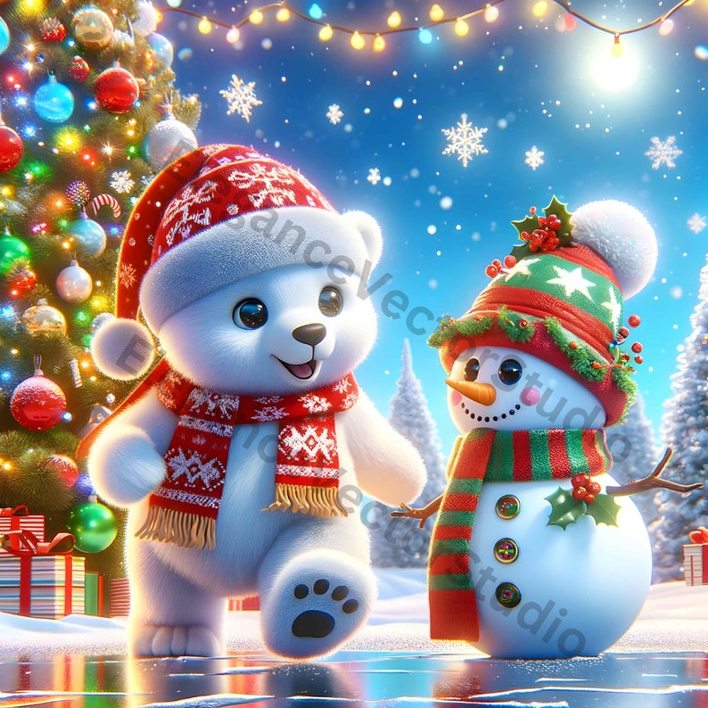 Christmas Polar Bear & Snowman Clipart: Festive JPG Images (commercial ...