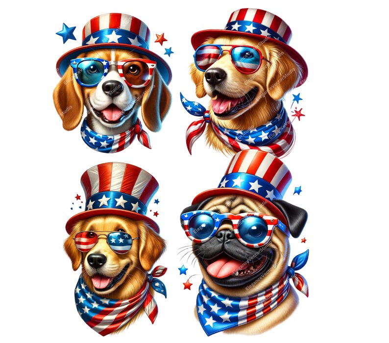 Patriotic Dog USA Clipart Bundle, American Patriotic Dog Clipart, 4th ...