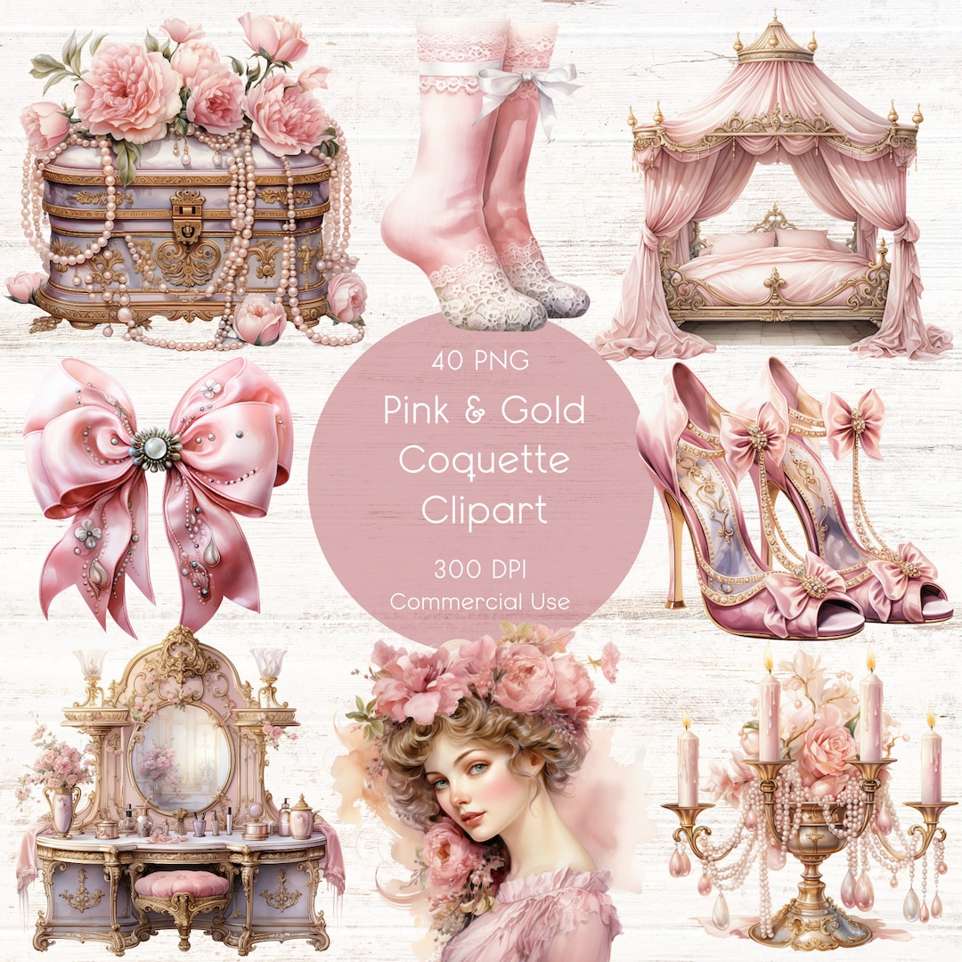 Pink and Gold Coquette Clipart Set - 40 High-quality Elements for Elegant Designs, Instant ...