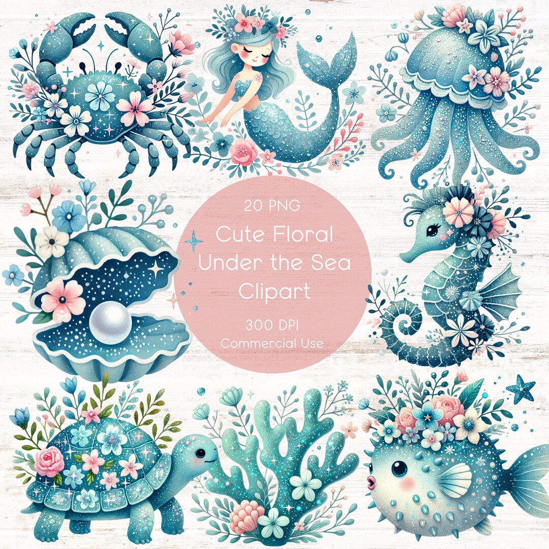 Sea Animals Clipart, 20 Png's, Floral Ocean Life, Digital Graphics for ...
