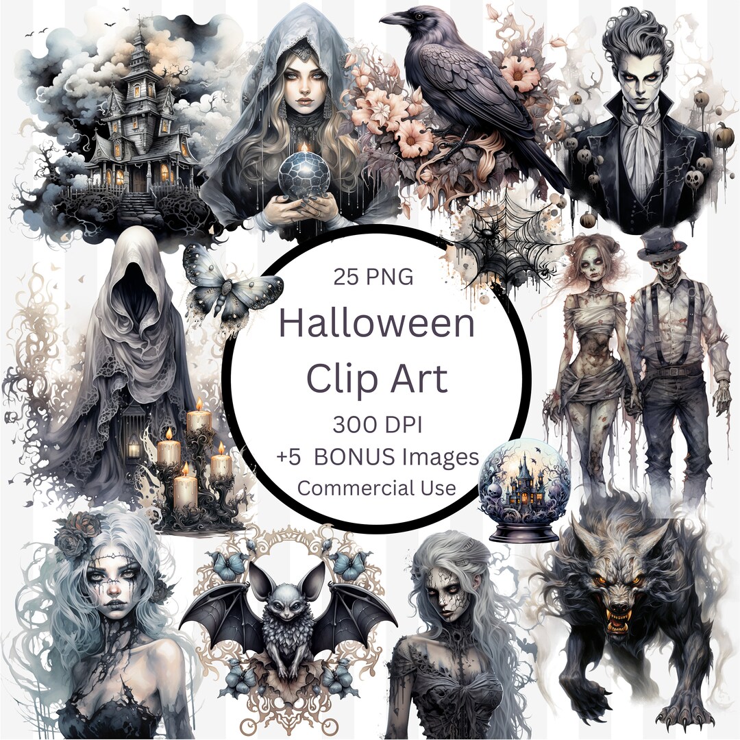 Dark Fantasy Watercolor, Goth Halloween, Halloween Clipart, Watercolor ...