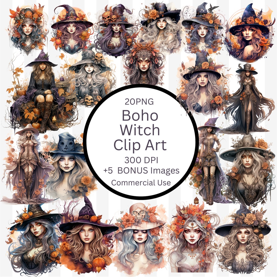 Boho Halloween, 20 PNG Halloween Clipart Bundle, Boho Witch, Boho PNG ...