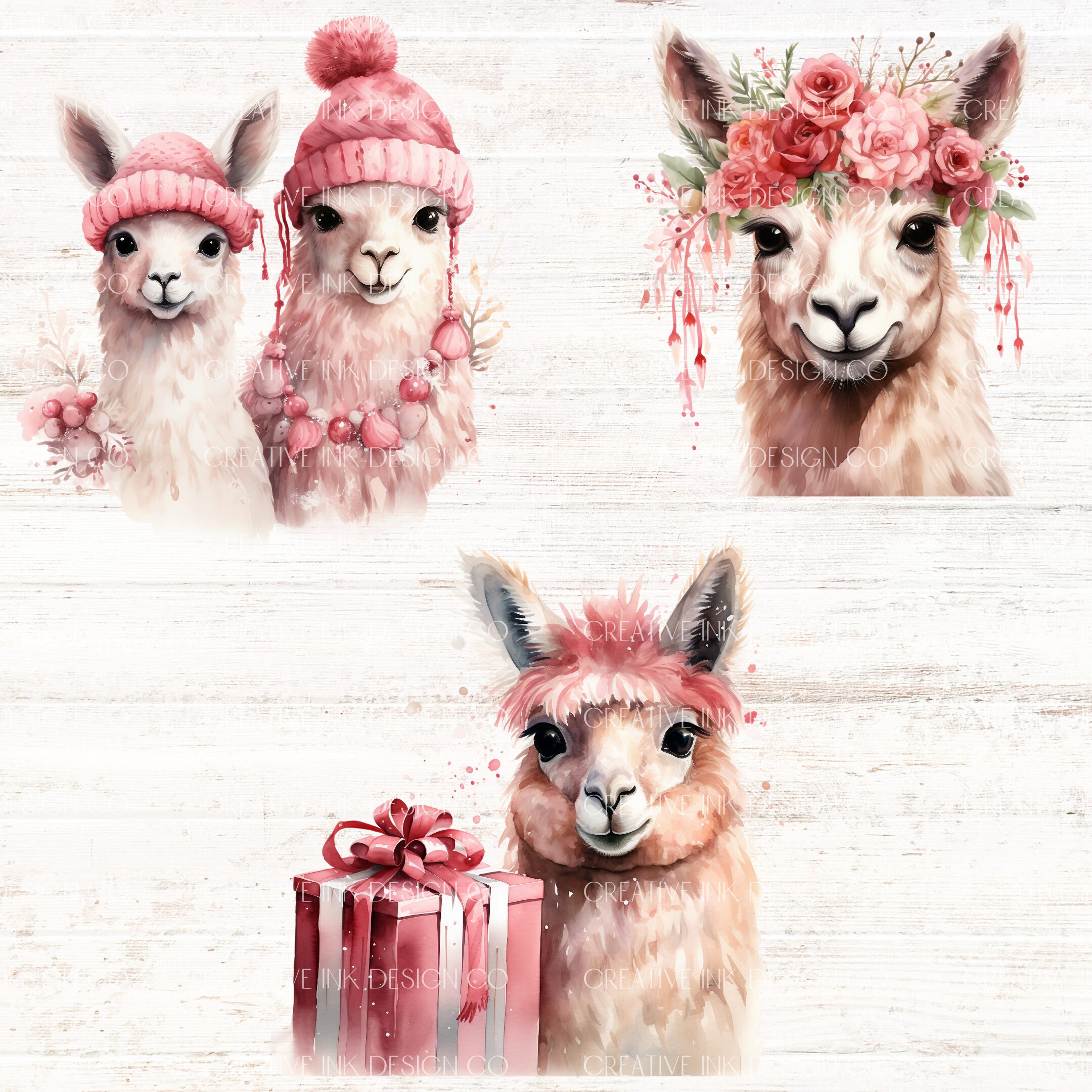 Pink Christmas Llamas, 15 High Quality Png's, Junk Journals, Holiday ...