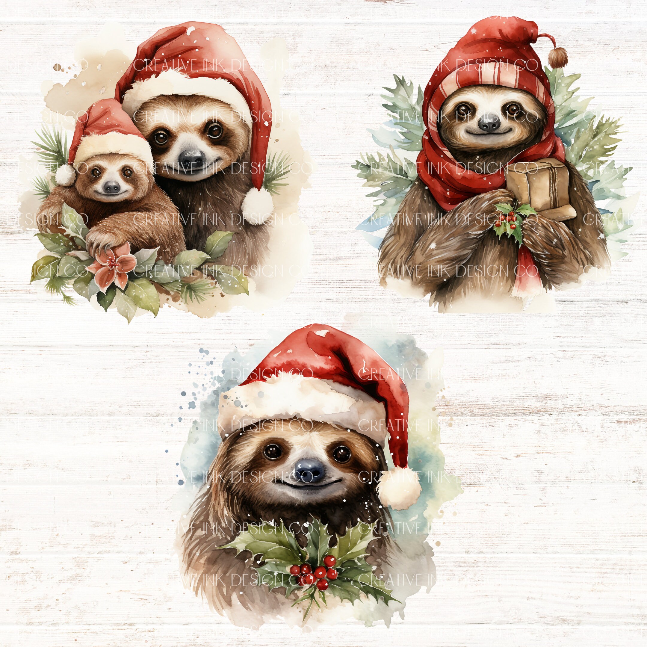 Watercolor Christmas Sloth Clipart Set 15 Festive Holiday Pngs for ...