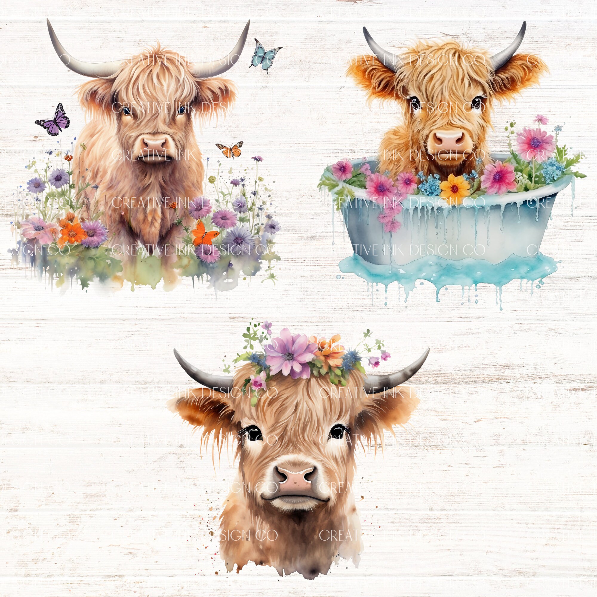 Watercolor Spring Highland Cow Clipart, 15 High Quality Png's, Junk ...