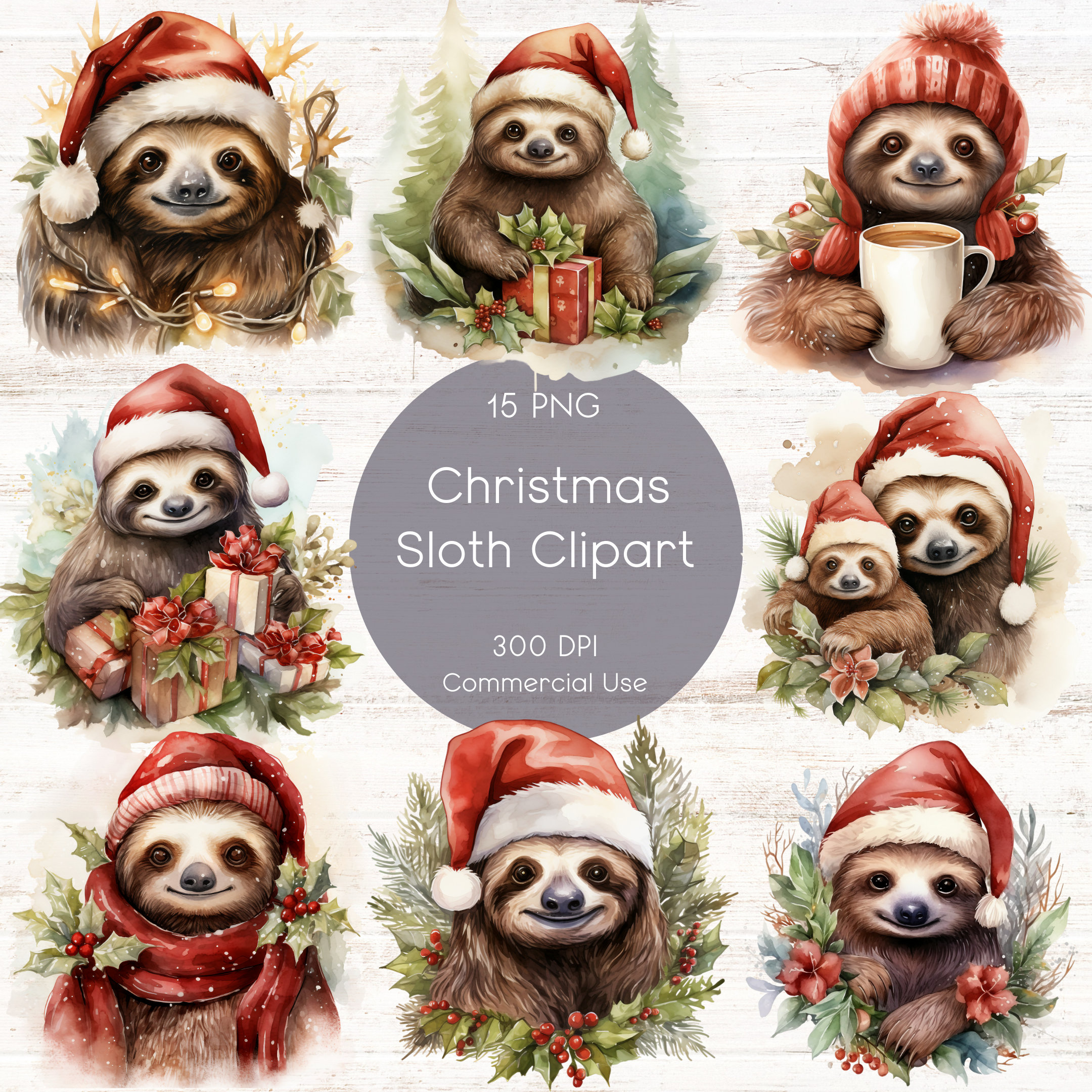 Watercolor Christmas Sloth Clipart Set 15 Festive Holiday Pngs for ...