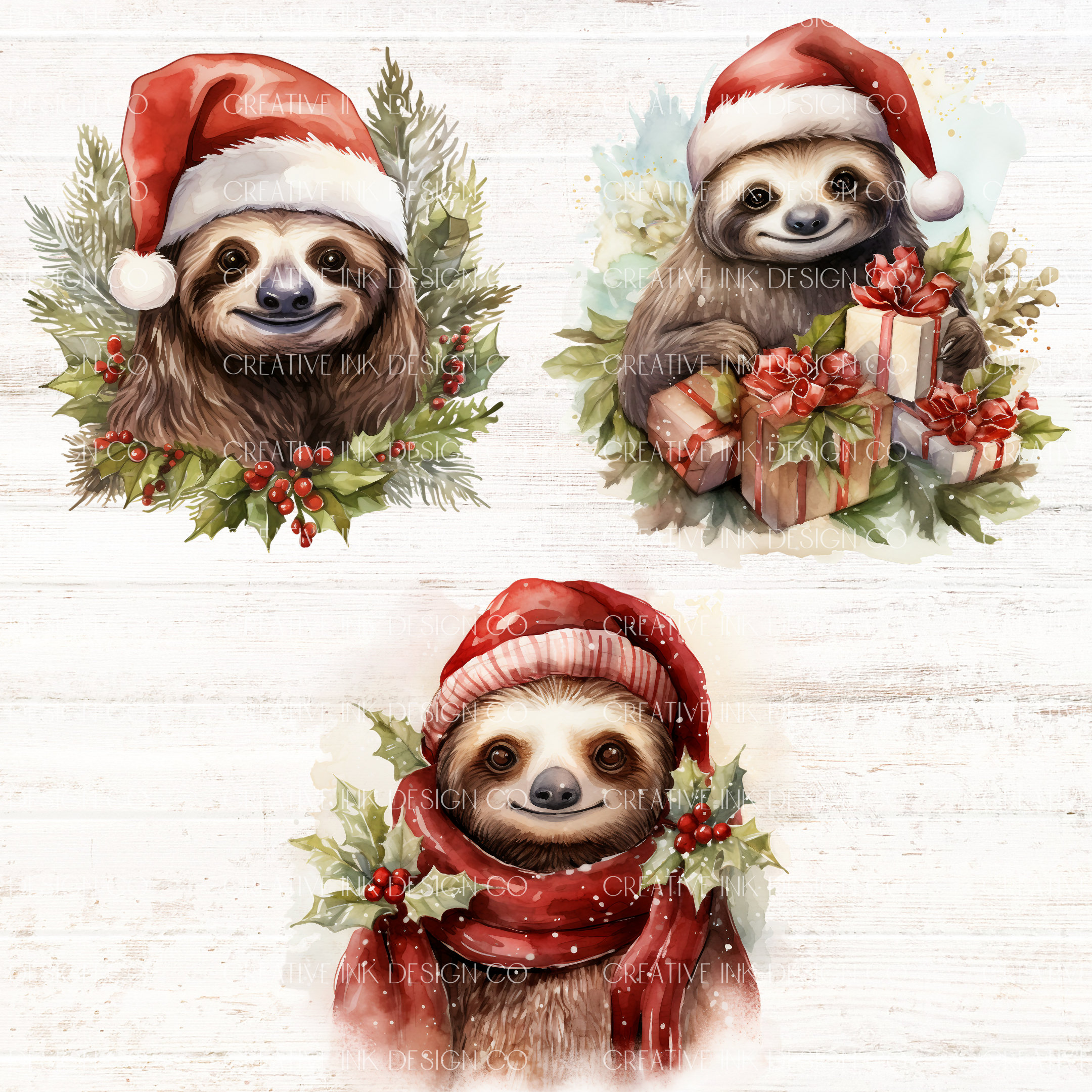 Watercolor Christmas Sloth Clipart Set 15 Festive Holiday Pngs for ...