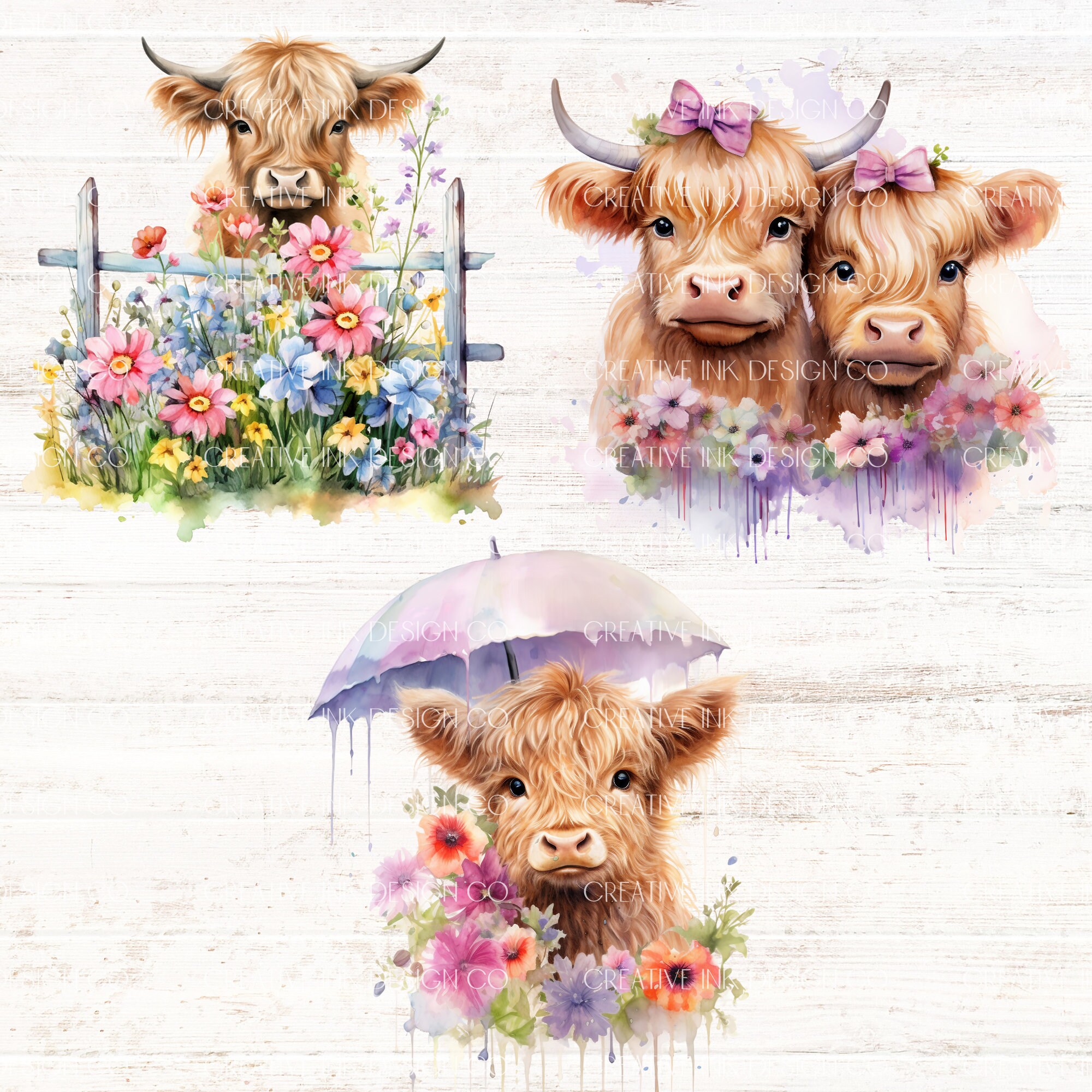 Watercolor Spring Highland Cow Clipart, 15 High Quality Png's, Junk ...