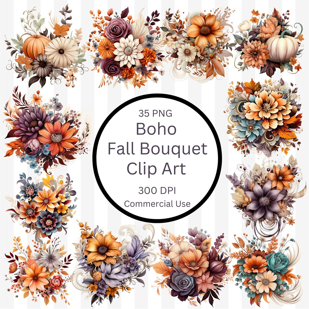 Autumn Flowers, Boho Floral, 35 PNG Fall Bouquet Clipart Bundle, Autumn ...