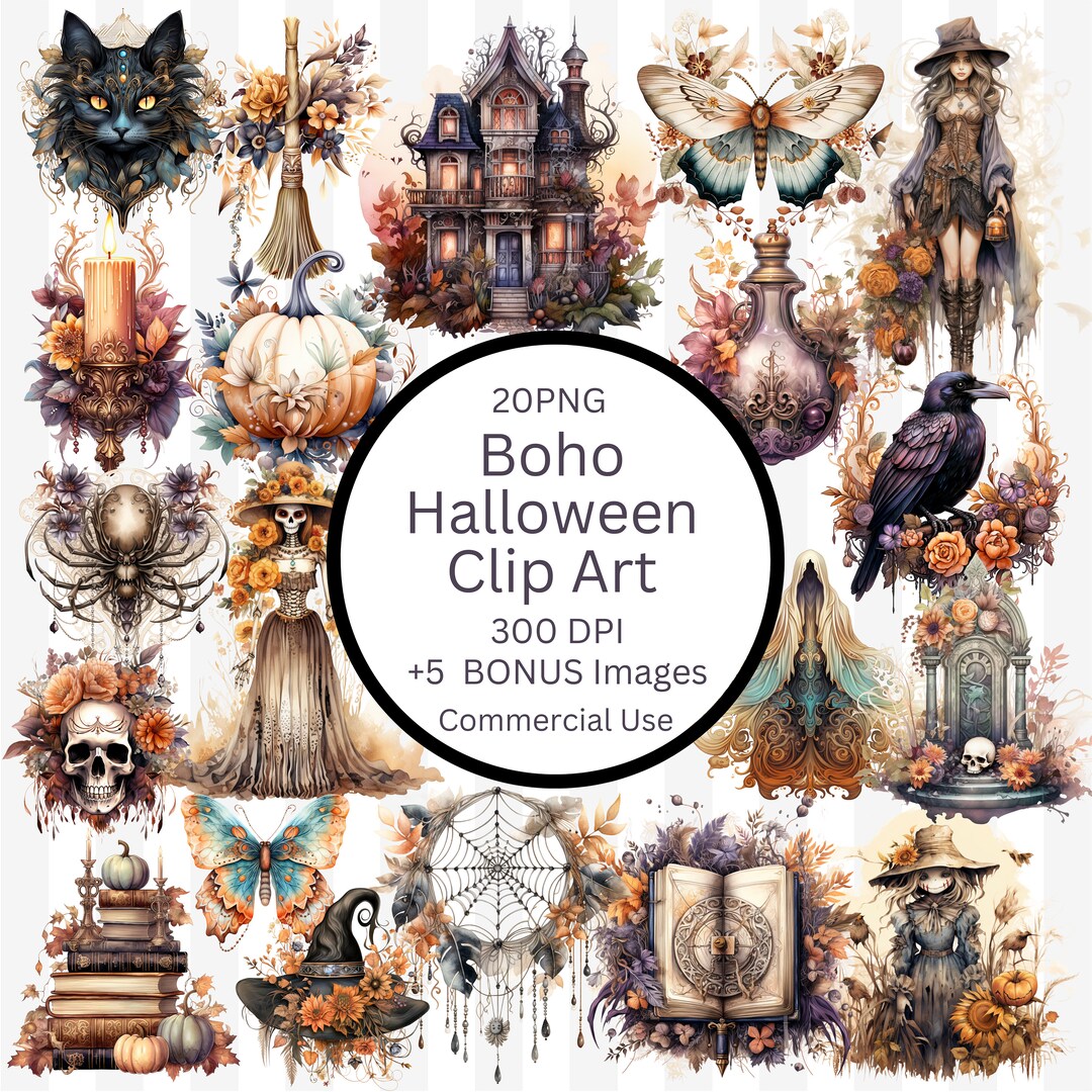 Boho Halloween, 20 PNG Halloween Clipart Bundle, Boho Floral, Boho PNG ...