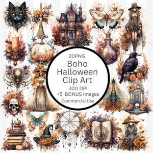 Boho Halloween, 20 PNG Halloween Clipart Bundle, Boho Floral, Boho PNG ...