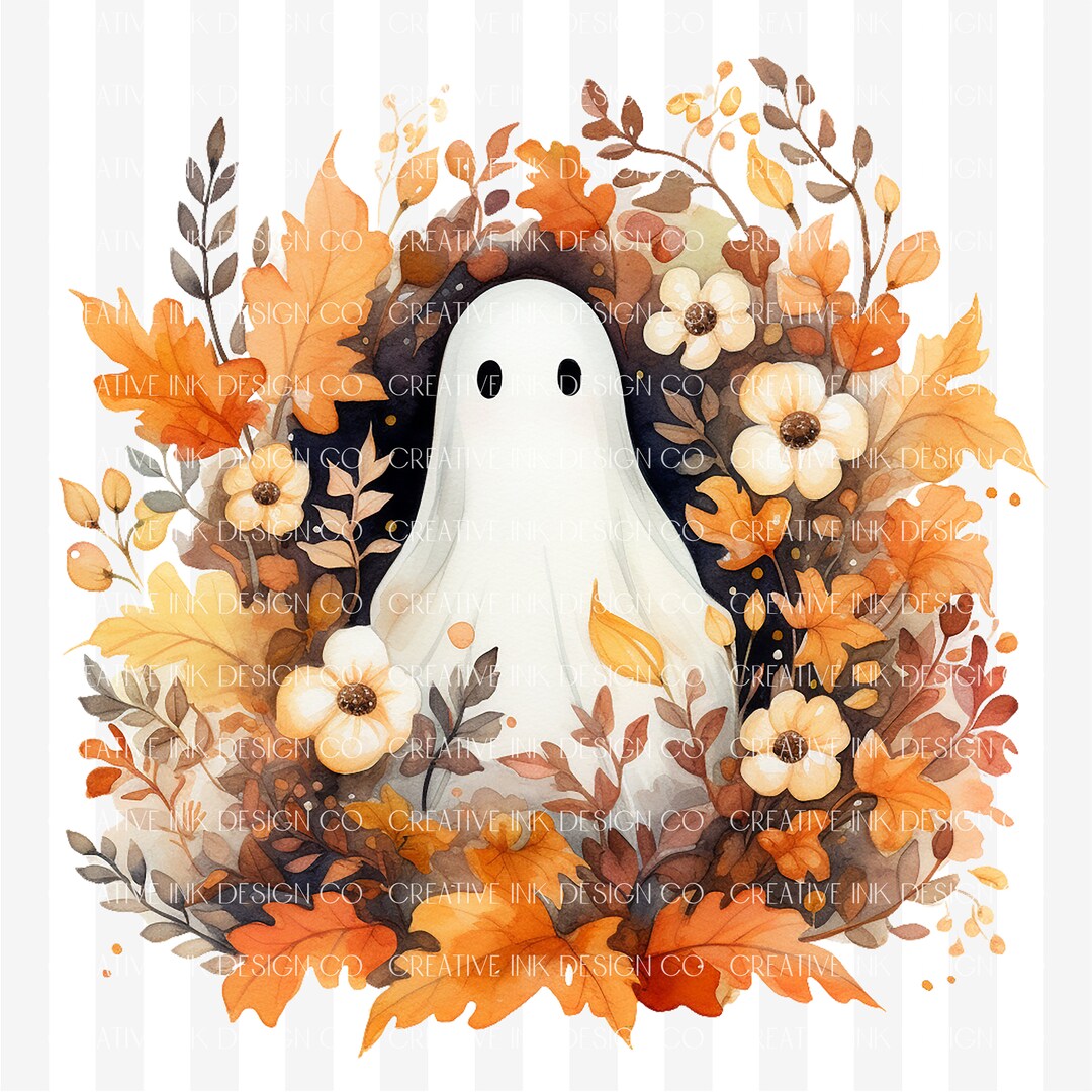 Boho Floral Ghost Png, Halloween Png, Fall Png, Leaves Png, Watercolor ...