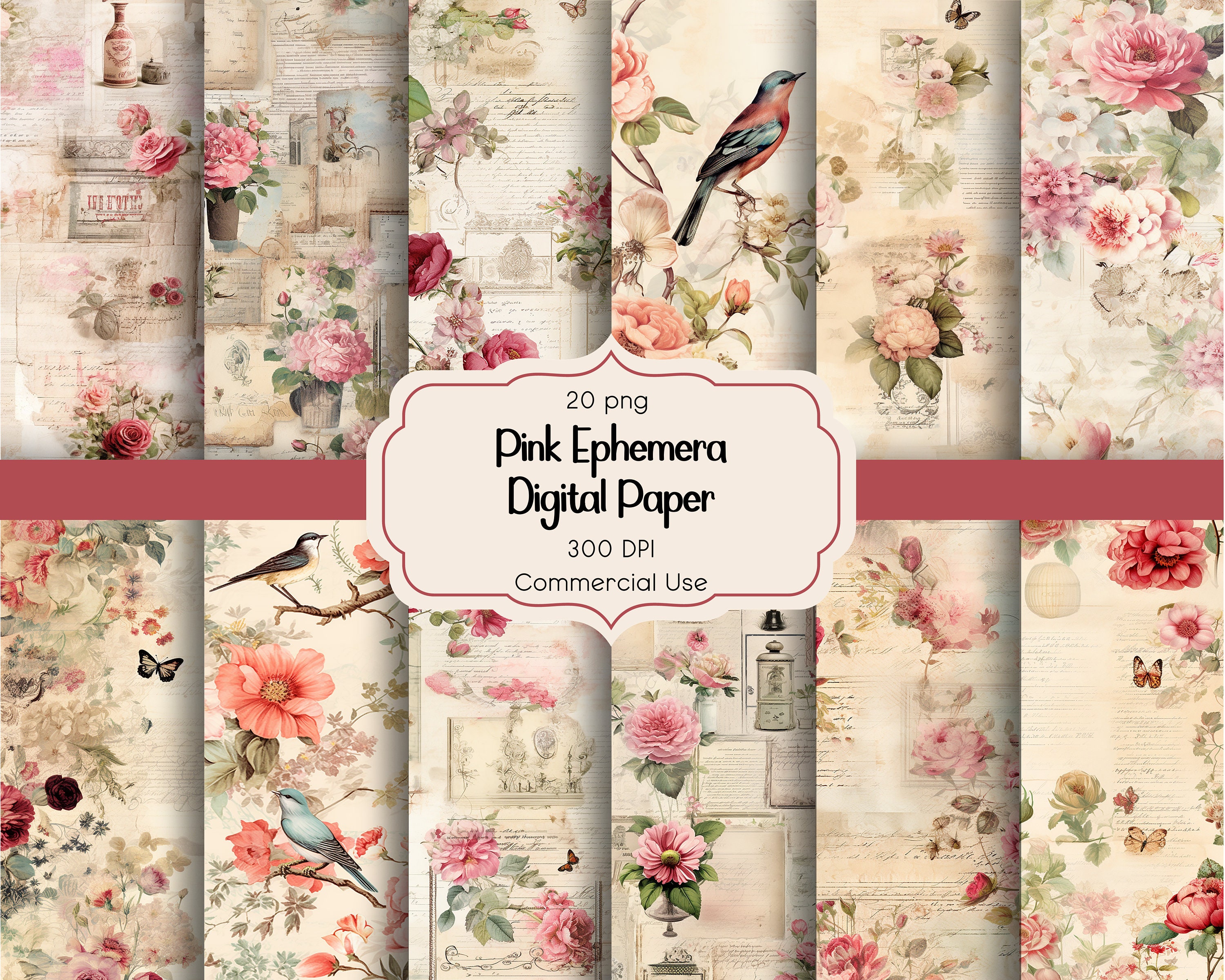 Pink Ephemera Digital Paper, 20 High Quality Png's, Scrapbook Paper ...