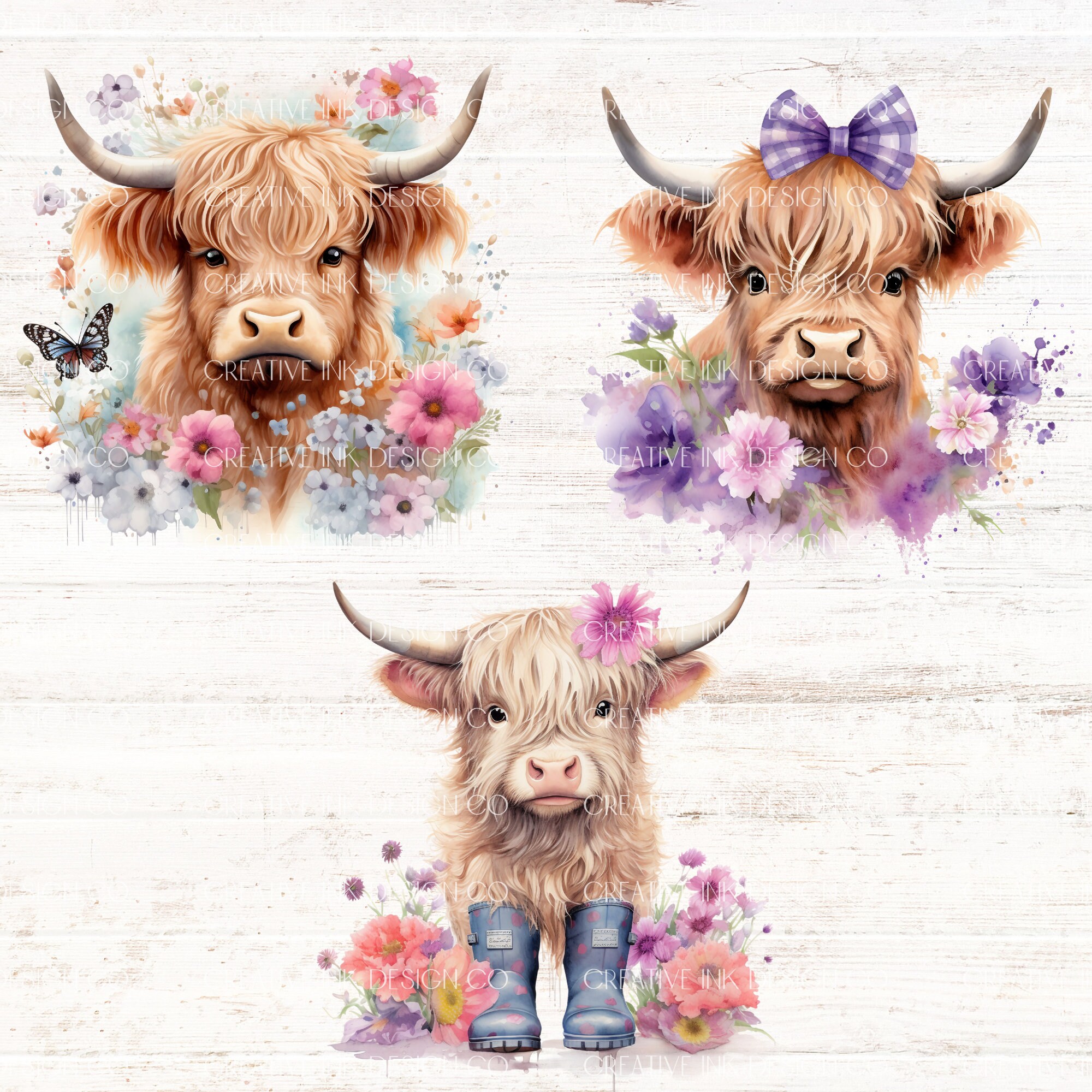 Watercolor Spring Highland Cow Clipart, 15 High Quality Png's, Junk ...