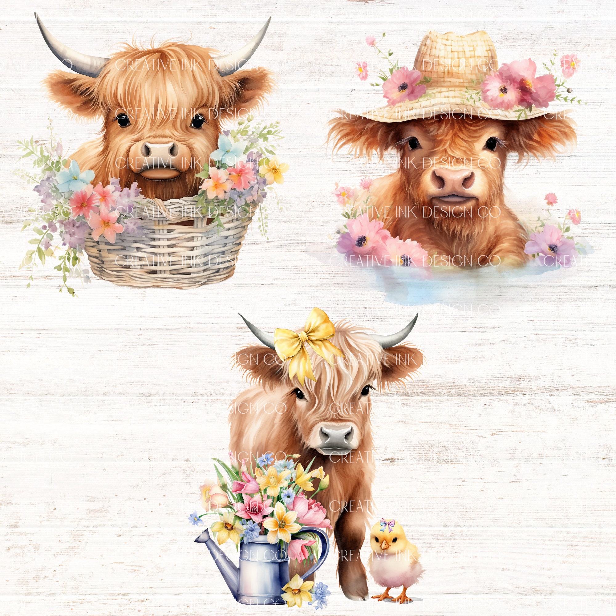 Watercolor Spring Highland Cow Clipart, 15 High Quality Png's, Junk ...
