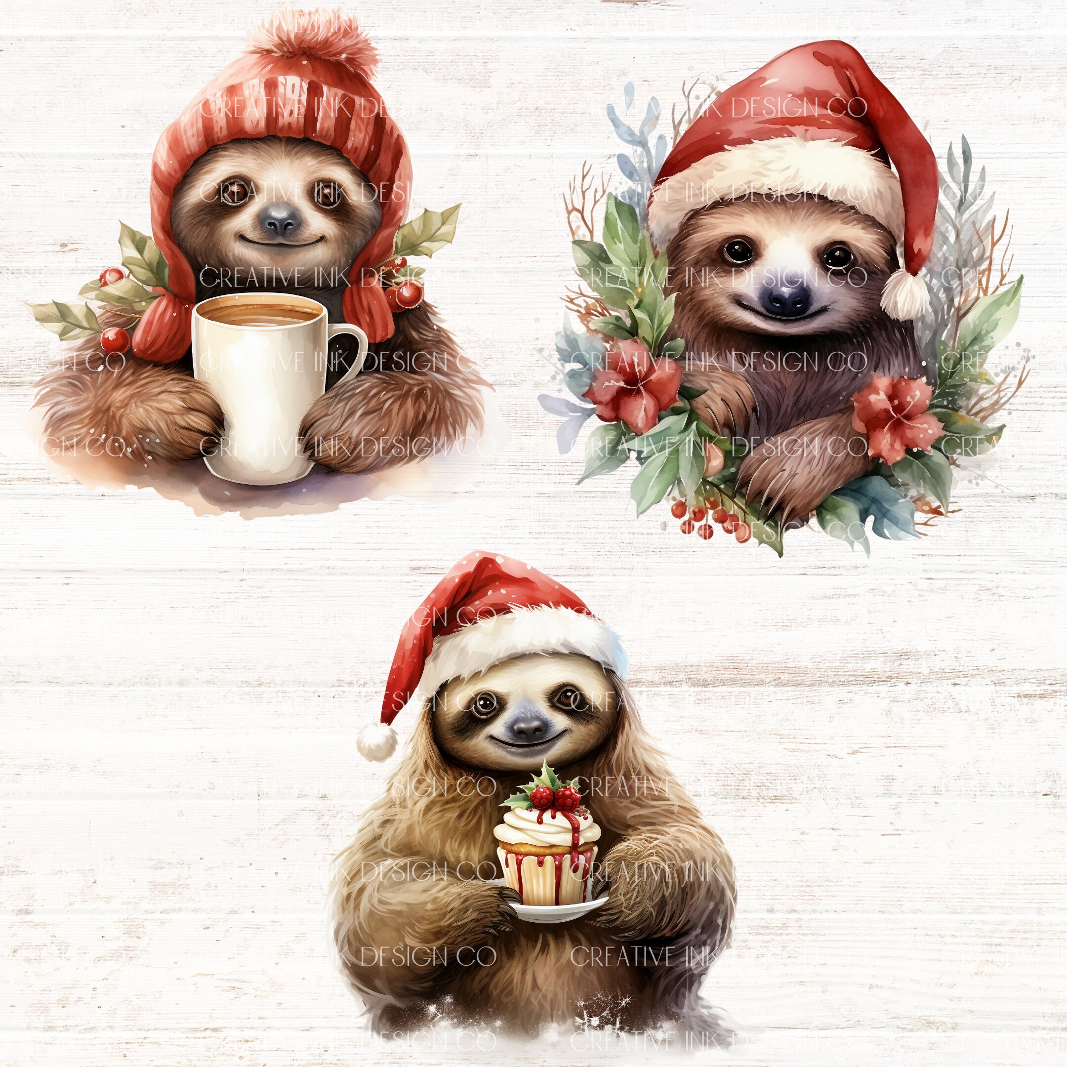 Watercolor Christmas Sloth Clipart Set 15 Festive Holiday Pngs for ...
