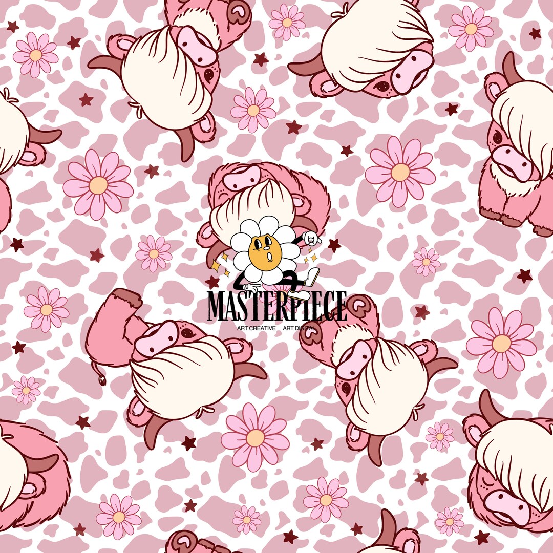 Pink Highland Cow Seamless Pattern, Floral Cow Seamless Pattern Design ...