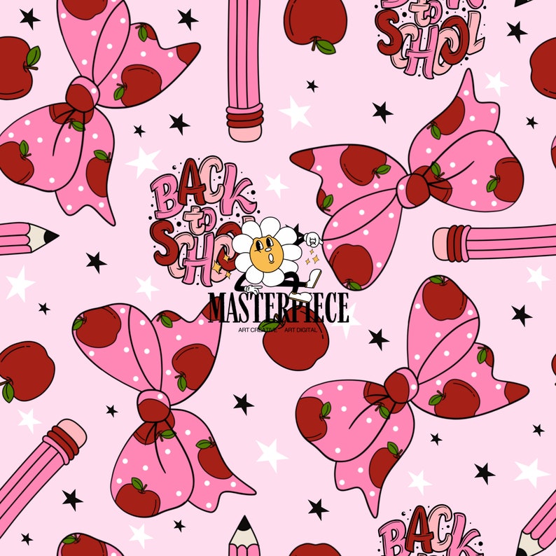 Coquette Pink Bow Back to School Seamless Pattern, Red Apple Pattern ...